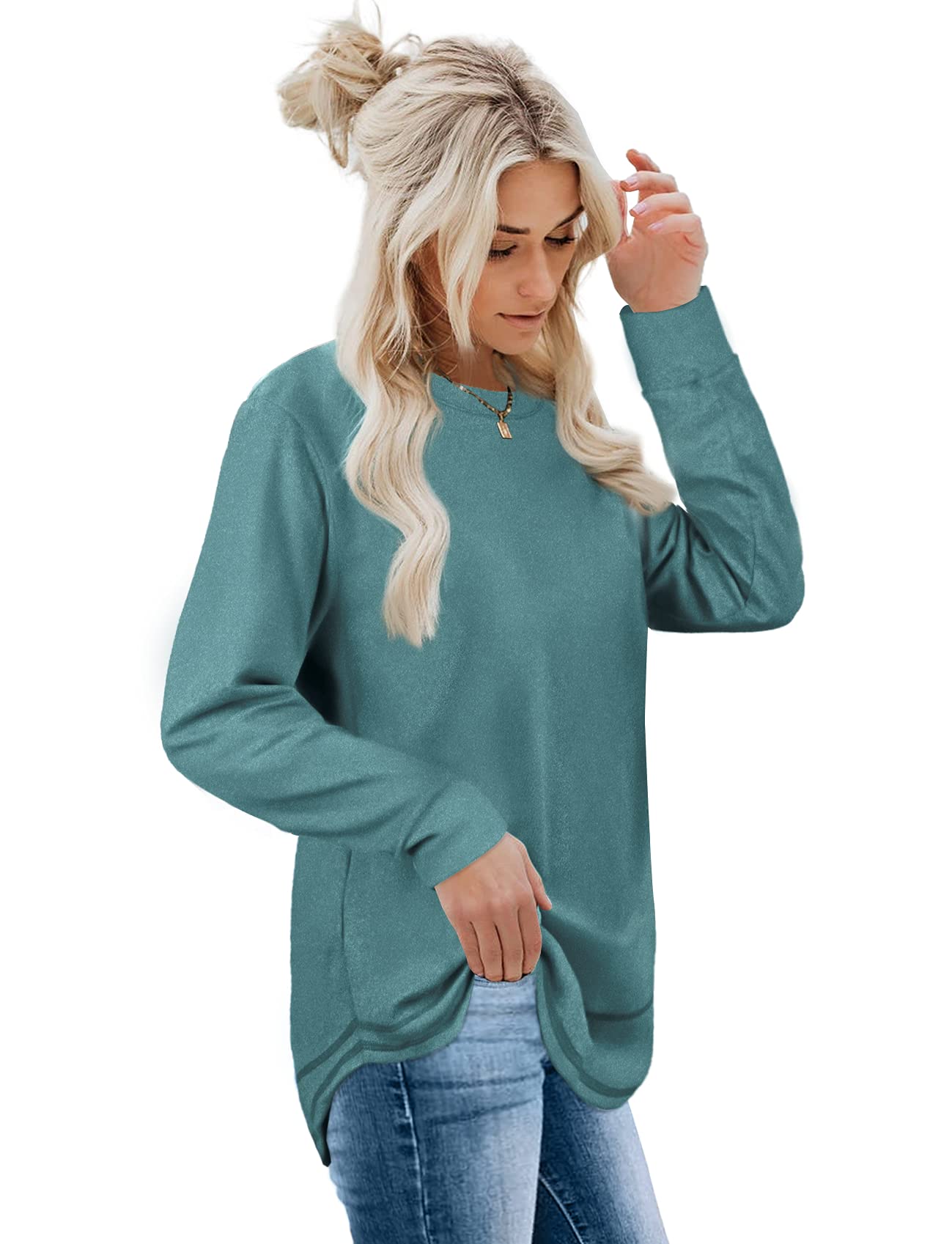 Dofaoo Sweatshirts for Women Crewneck 2024 Fall Tops Lightweight Sweater Solid Color Green XL