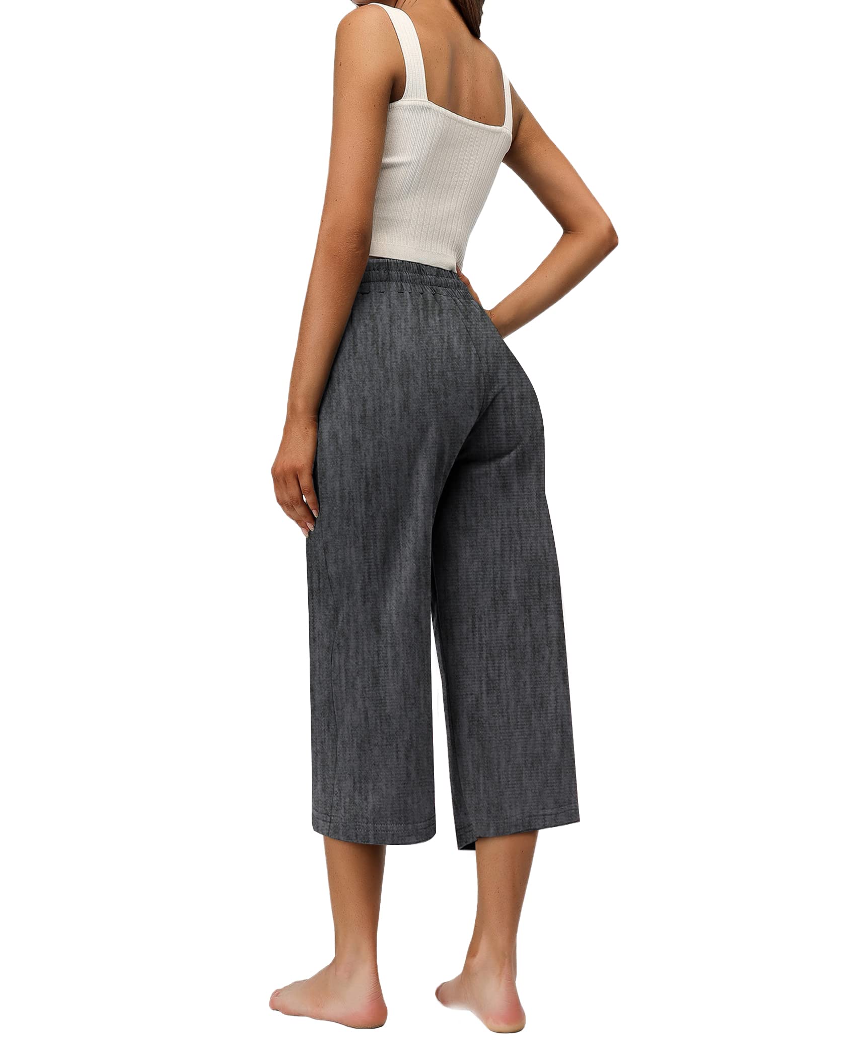 RESHE Womens Capri Pants Wide Leg Loose Comfy Drawstring Lounge Pajama Pants Yoga Capris with Pockets (Deep Hemp Gray, S)