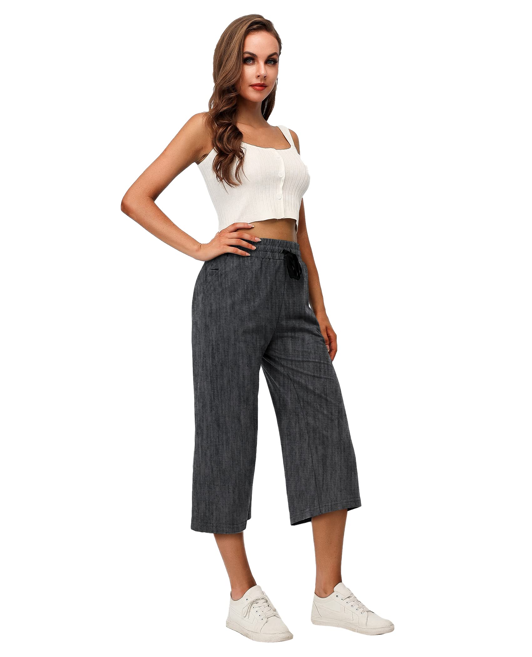 RESHE Womens Capri Pants Wide Leg Loose Comfy Drawstring Lounge Pajama Pants Yoga Capris with Pockets (Deep Hemp Gray, S)