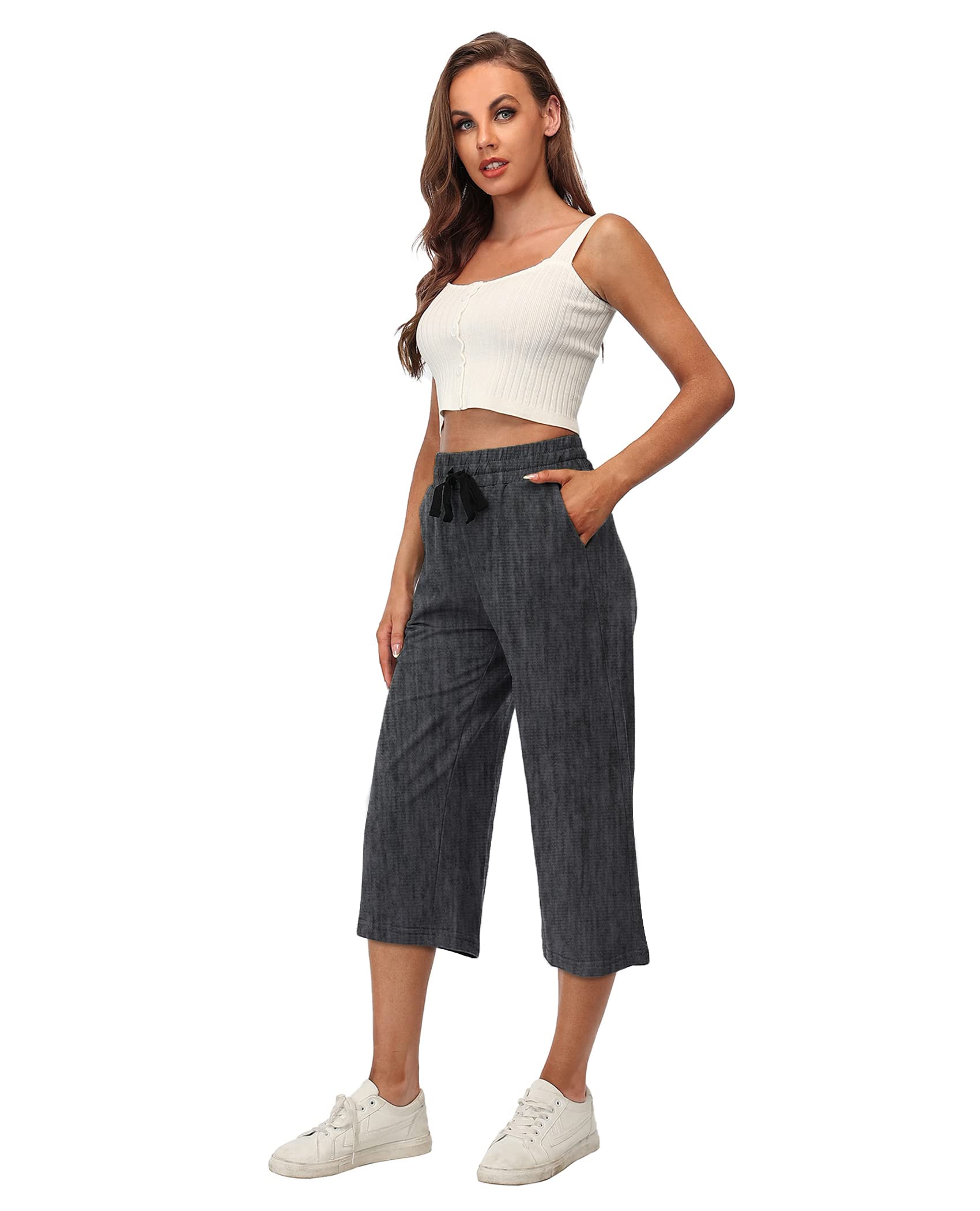 RESHE Womens Capri Pants Wide Leg Loose Comfy Drawstring Lounge Pajama Pants Yoga Capris with Pockets (Deep Hemp Gray, S)