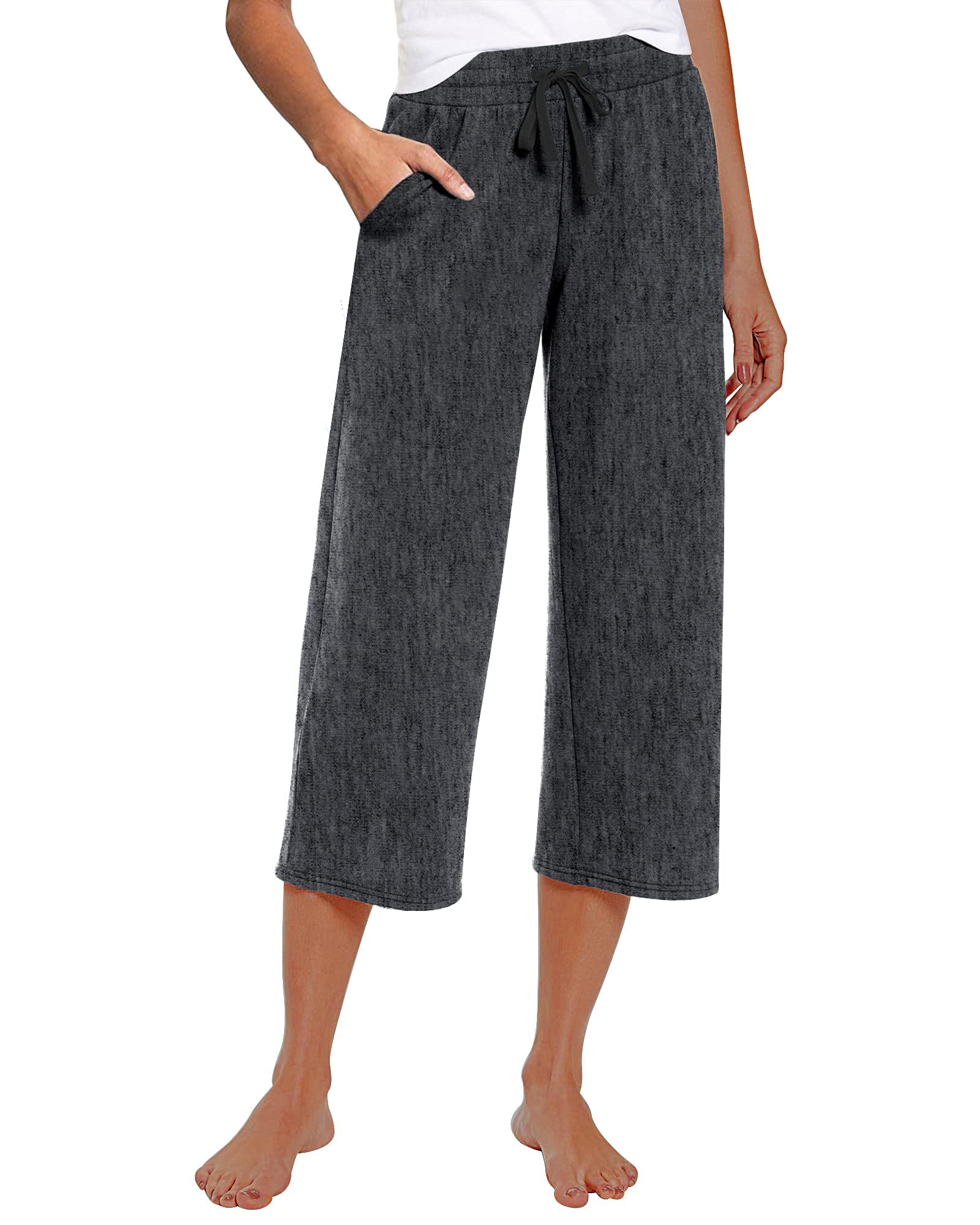 RESHE Womens Capri Pants Wide Leg Loose Comfy Drawstring Lounge Pajama Pants Yoga Capris with Pockets (Deep Hemp Gray, S)