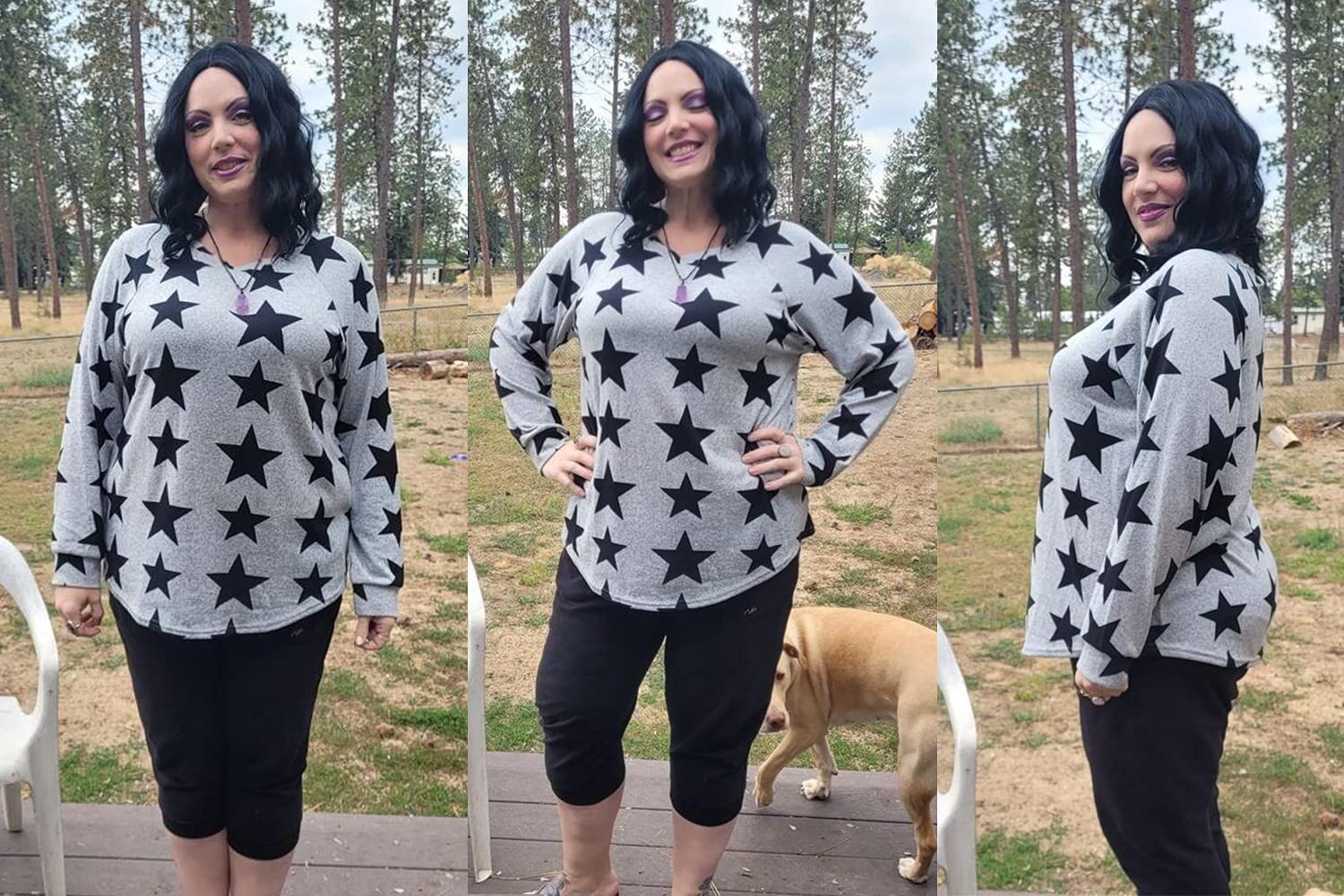 CARCOS Womens Plus Size Tops Grey Pullover Sweatshirts Long Sleeve Shirts V Neck Star Print Tunics Casual Blouses 5XL 26W 28W