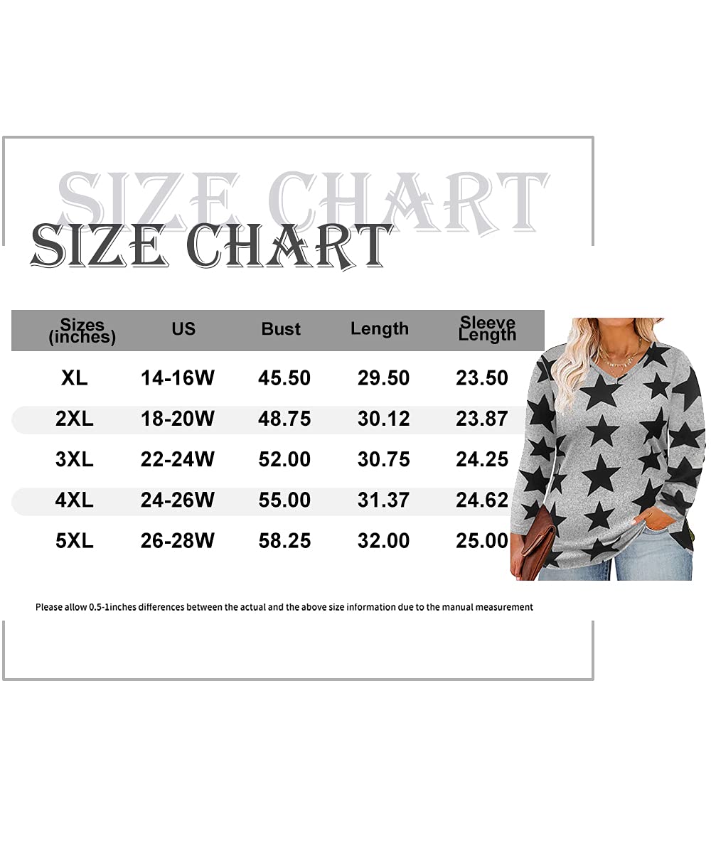 CARCOS Womens Plus Size Tops Grey Pullover Sweatshirts Long Sleeve Shirts V Neck Star Print Tunics Casual Blouses 5XL 26W 28W