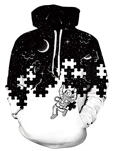 AviviRuth Unisex Harajuku Realistic Galaxy 3D Print Pullover Hoodies Sweatshirts,Black Galaxy Puzzle Astronaut,S M