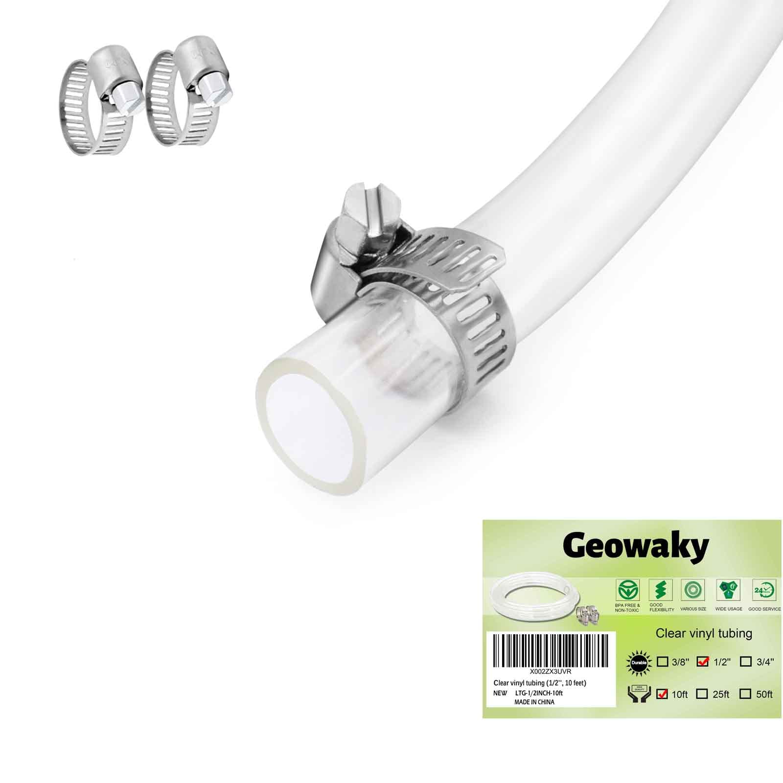 Geowaky Clear Vinyl Tubing 1/2" ID × 5/8" OD -10 Ft 60PSI,Flexible Plastic Tubing,BPA Free Non-Toxic, Multipurpose Hybrid Clear Reinforced Tubing with 2 Screw Clamps