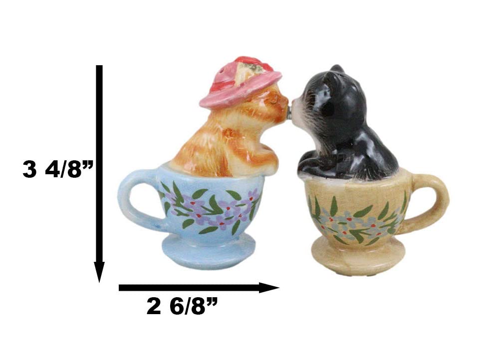 Ebros Ceramic Tabby And Tuxedo Black Kitty Cats In Teacups Kissing Salt And Pepper Shakers Set Valentines Tea Cup Cat Kittens Figurines Party Kitchen Tabletop Collectible Decorative Accents