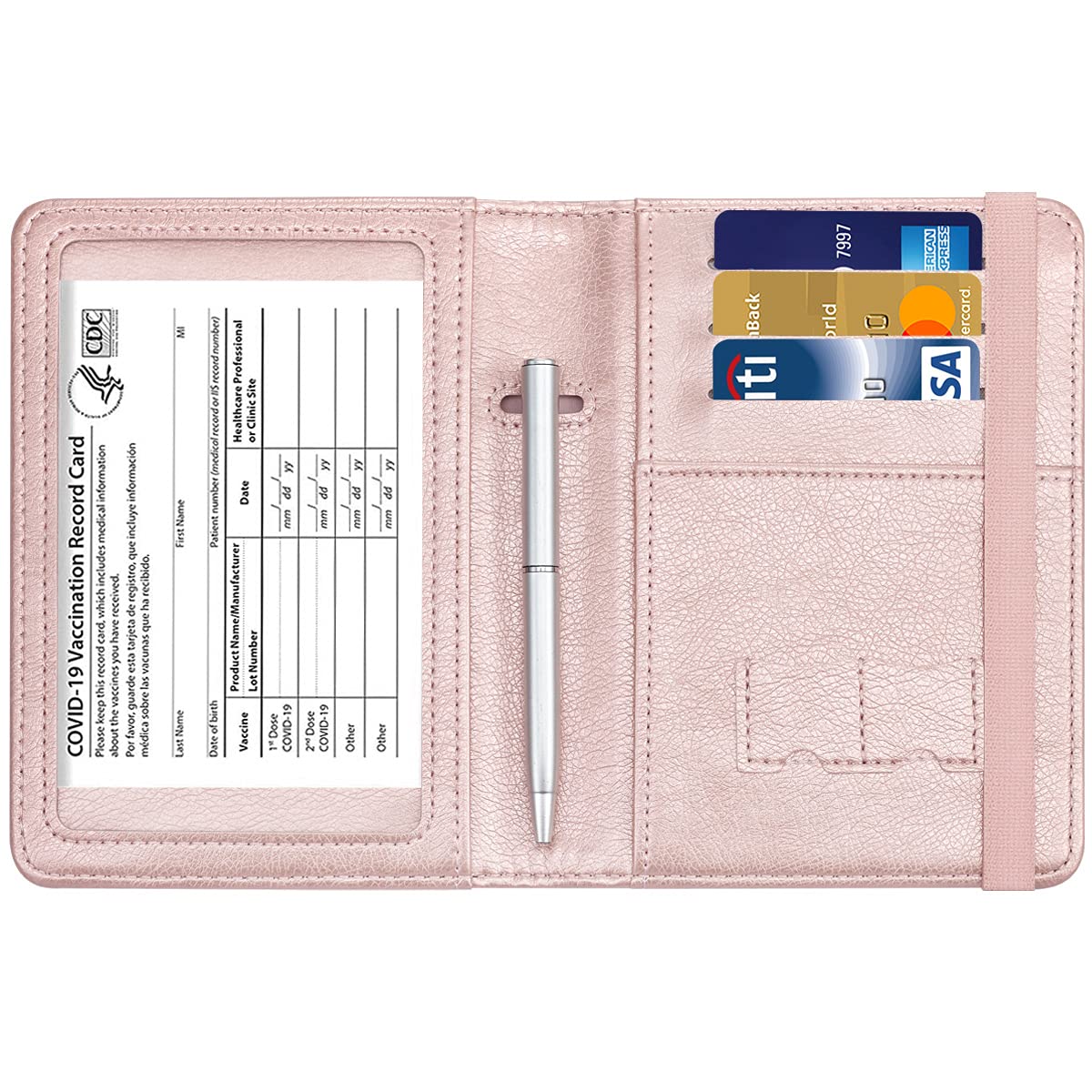 HOTCOOL Passport and Vaccine Card Holder Combo Leather RFID Blocking Wallet with Elastic Strap Travel Cover Case for Passport, with USA CDC Vaccination Card Slot, with Pen, Rose Gold
