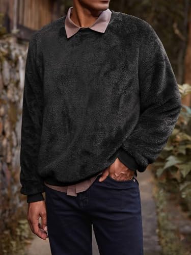 Mens Fuzzy Sherpa Sweatshirt Long Sleeve Fluffy Crew Neck Pullover Cozy Basic Unisex Fall Winter Warm Tops Black
