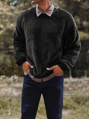Mens Fuzzy Sherpa Sweatshirt Long Sleeve Fluffy Crew Neck Pullover Cozy Basic Unisex Fall Winter Warm Tops Black