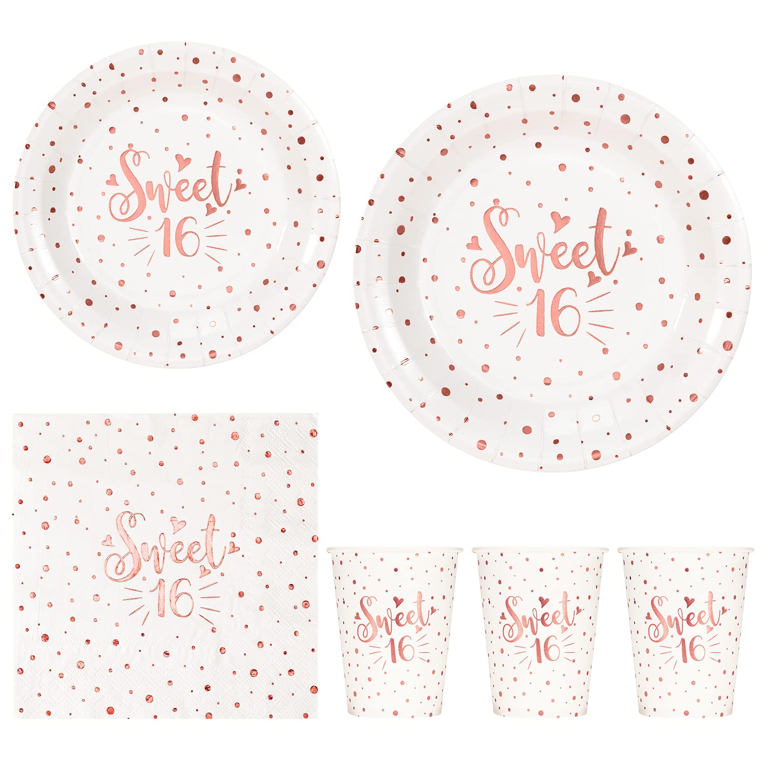 Crisky Rose Gold Sweet 16 Birthday Napkins Plates Cups Set for Girl 16th Birthday Party Decorations Supplies, Disposable Tableware Set of 24 (9" Plates, 7" Plates, Luncheon Napkins, 9oz Cups)