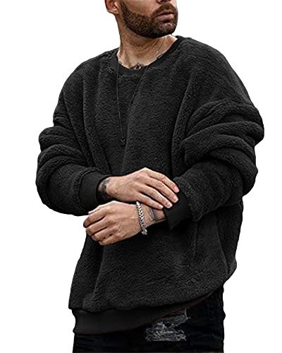 Mens Fuzzy Sherpa Sweatshirt Long Sleeve Fluffy Crew Neck Pullover Cozy Basic Unisex Fall Winter Warm Tops Black