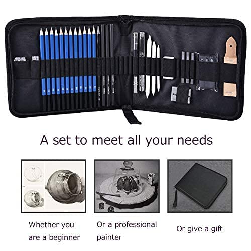 Merooart 37 Professional Drawing Pencil Set-A complete art sketching set for beginners and professional artists, with two 50-page sketchbooks, charcoal sticks, graphite sticks and erasers, zipper box