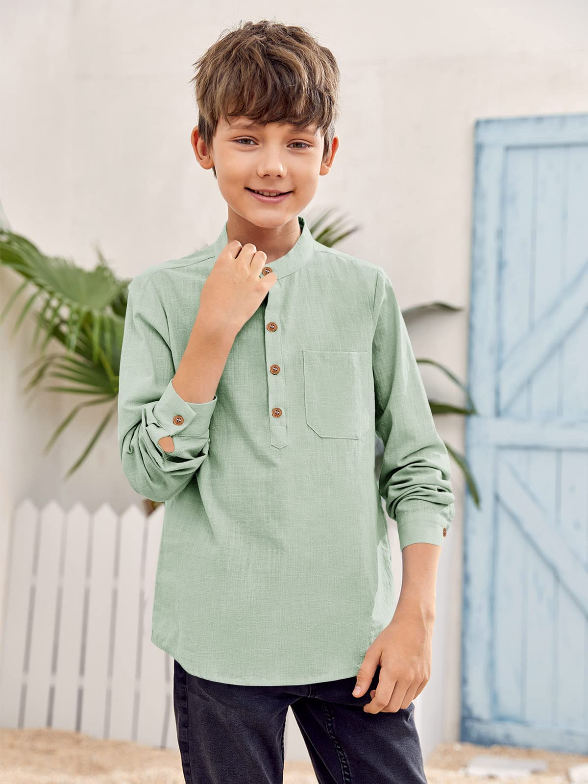 Inorin Boys Linen Shirt Button Up Henley Long Sleeve Dress Shirts Cotton Lightweight Tees Tops with One Pocket Mint Green
