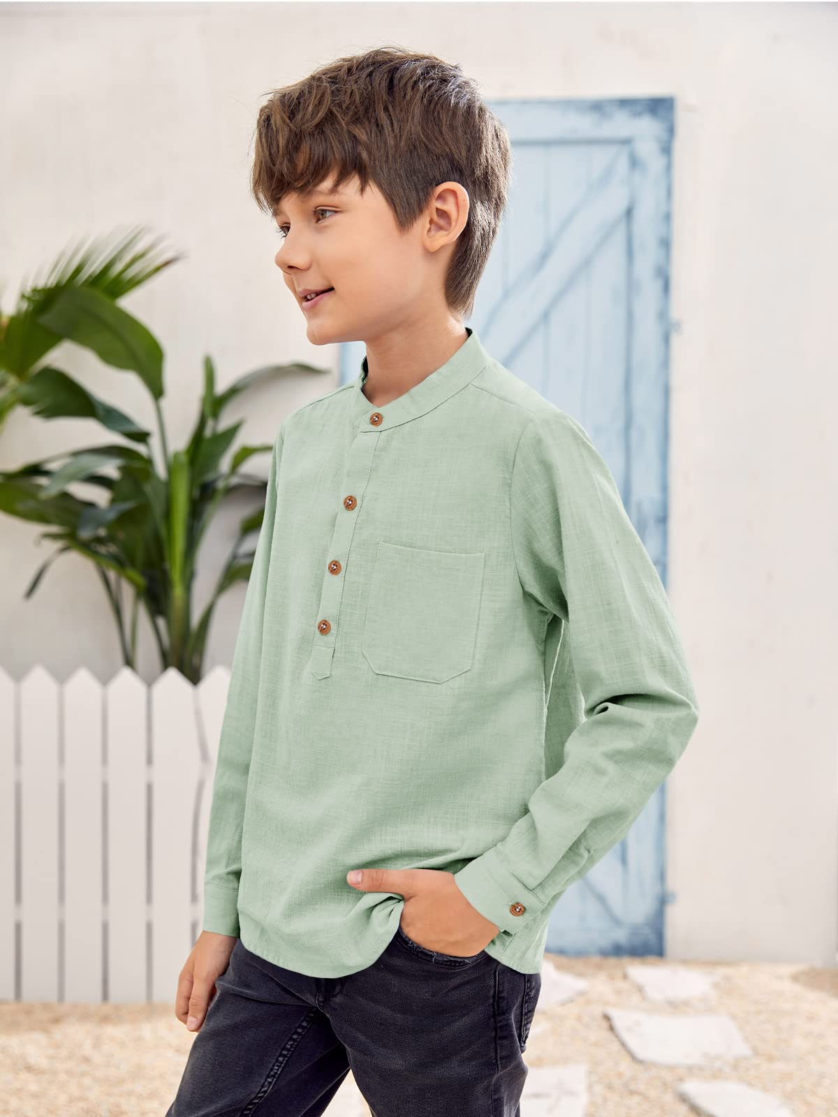 Inorin Boys Linen Shirt Button Up Henley Long Sleeve Dress Shirts Cotton Lightweight Tees Tops with One Pocket Mint Green
