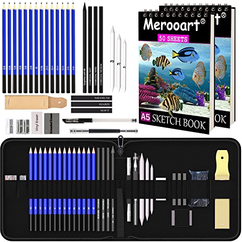 Merooart 37 Professional Drawing Pencil Set-A complete art sketching set for beginners and professional artists, with two 50-page sketchbooks, charcoal sticks, graphite sticks and erasers, zipper box