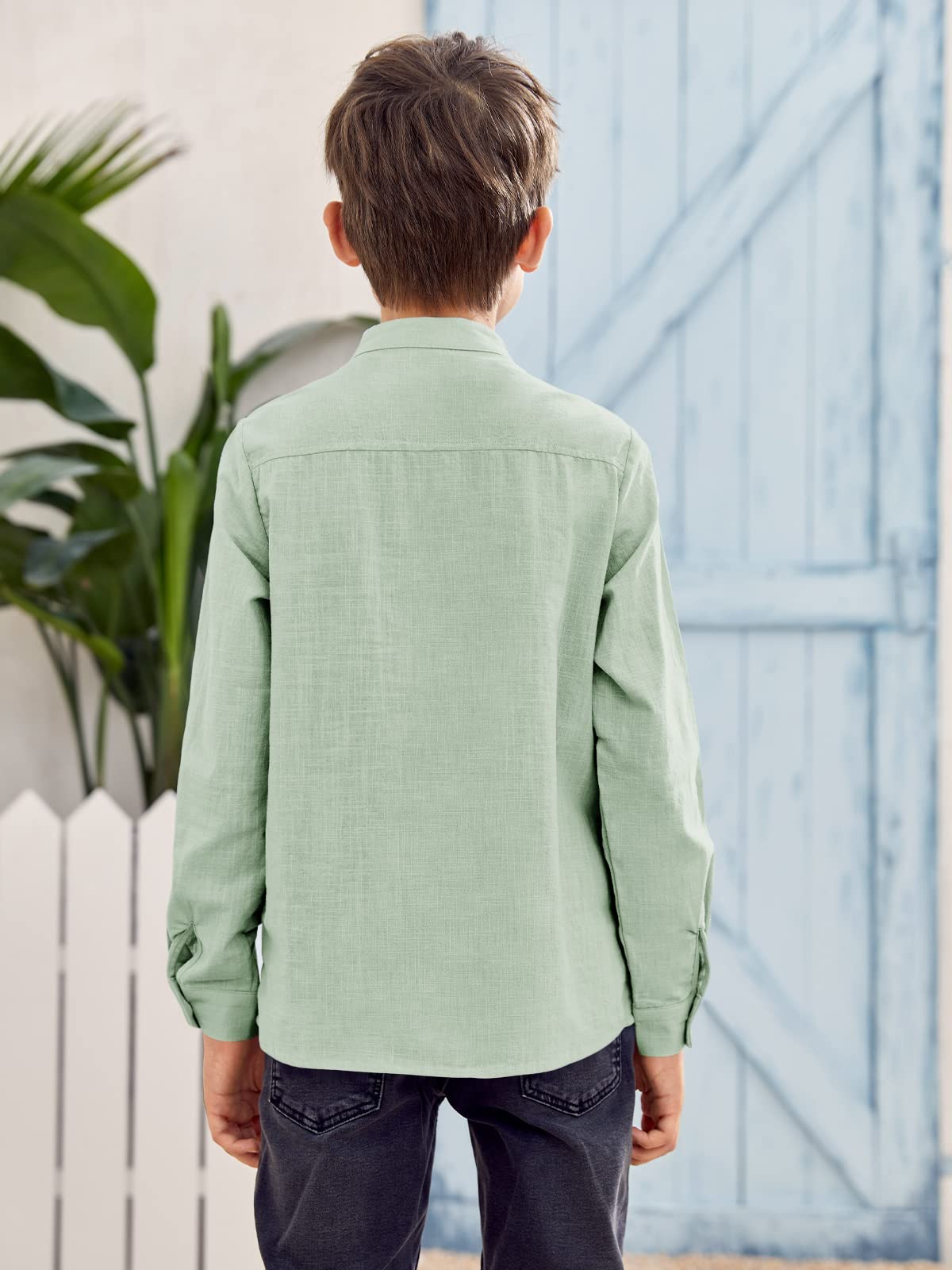 Inorin Boys Linen Shirt Button Up Henley Long Sleeve Dress Shirts Cotton Lightweight Tees Tops with One Pocket Mint Green