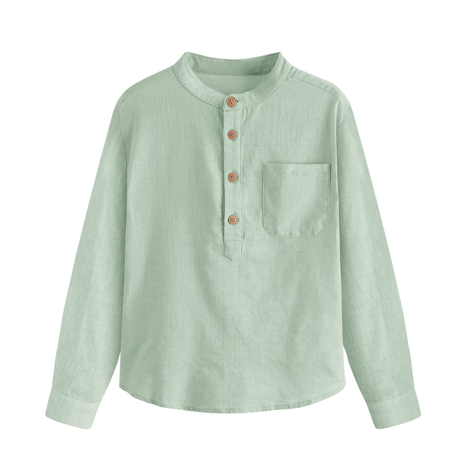 Inorin Boys Linen Shirt Button Up Henley Long Sleeve Dress Shirts Cotton Lightweight Tees Tops with One Pocket Mint Green