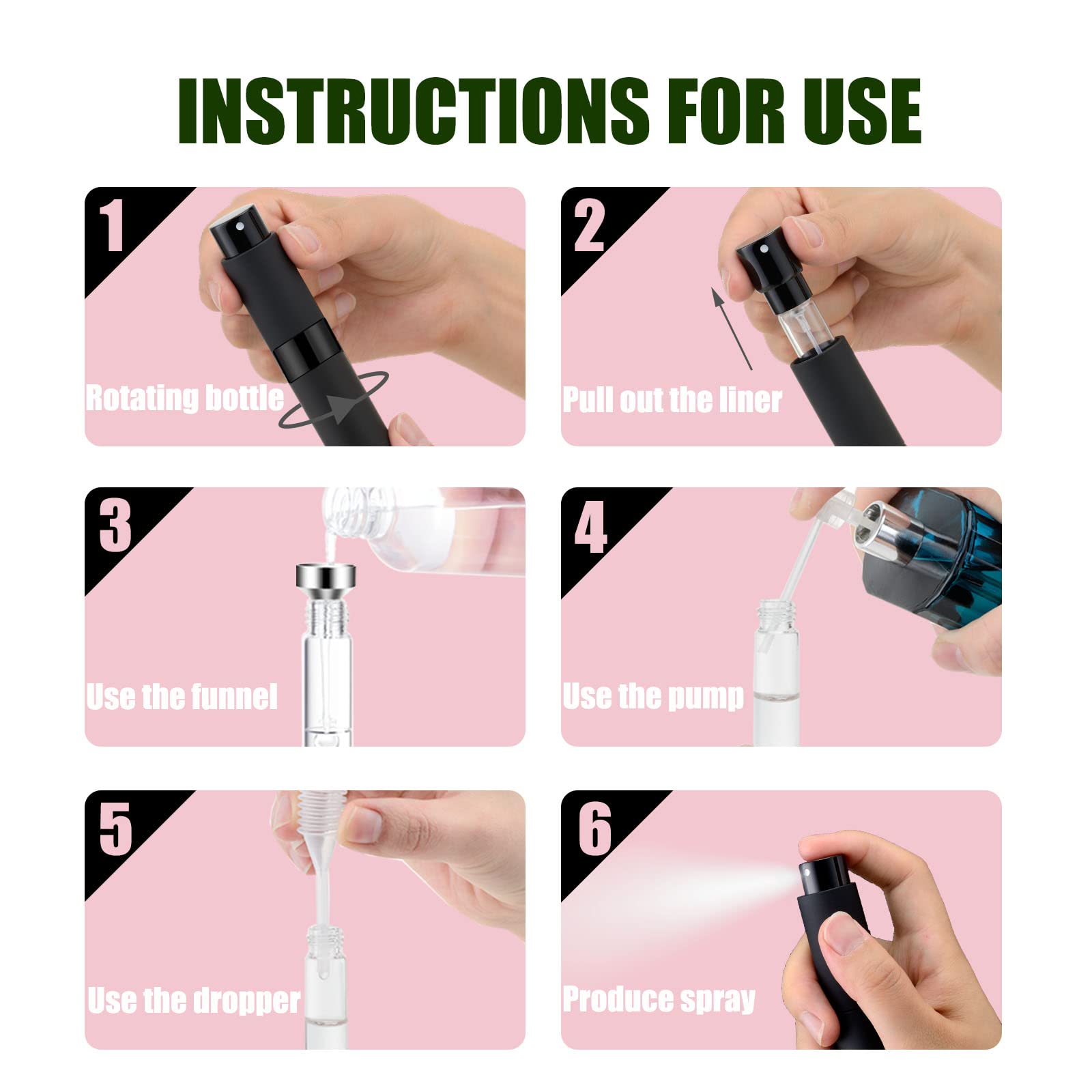 IRON BILL 2 PCS/8ml Portable Mini Perfume Atomizer bottles, Empty Refillable Spray Bottle with 3 Types of Refill Tools, Pocket Travel Perfume Sample Bottles(Matte Black&Silver)
