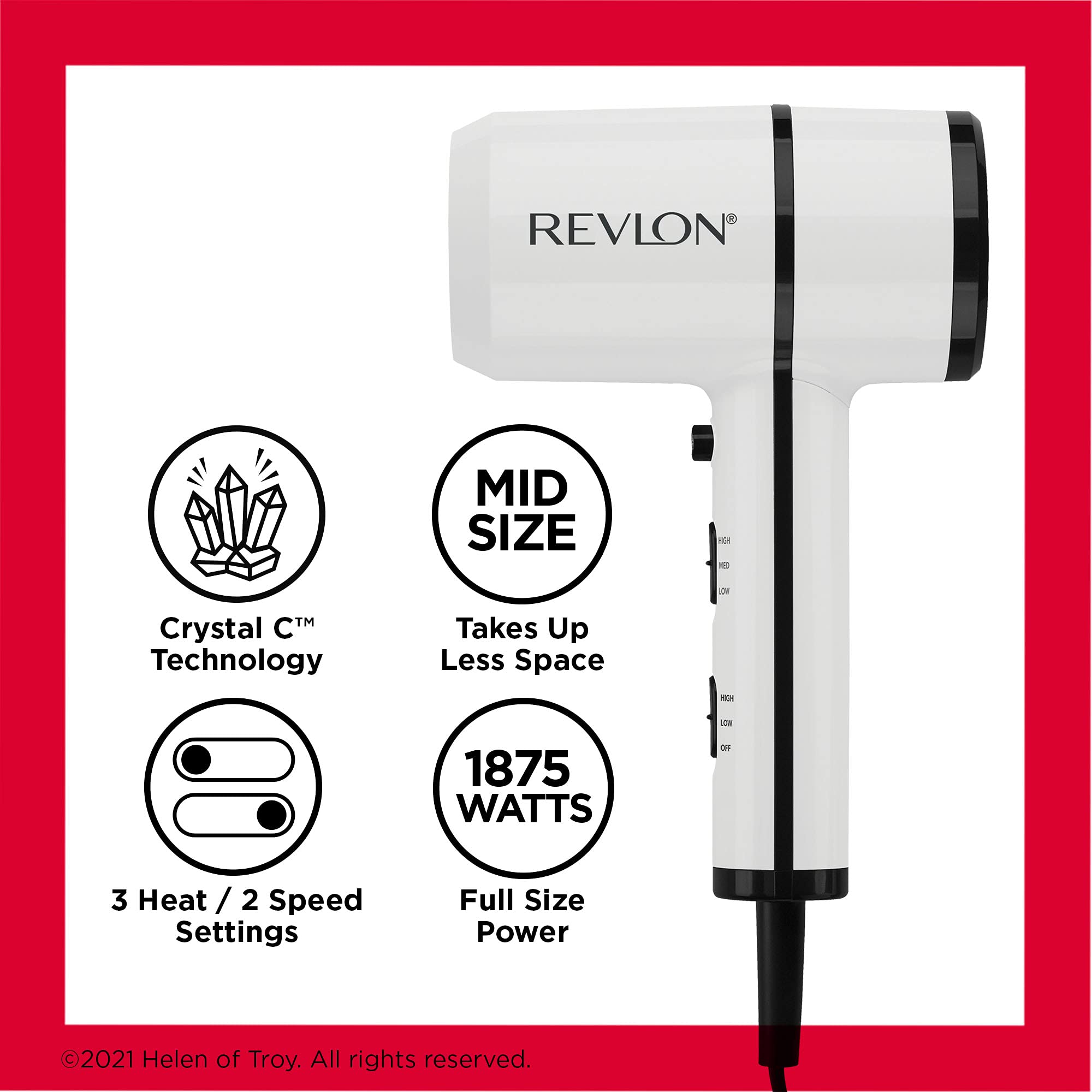 REVLON Crystal C + Ceramic Compact Hair Dryer | 1875W Blow Dryer with Crystal C Technology for Shiny Long-Lasting Shine and Less Frizz | Lightweight (White/Black)
