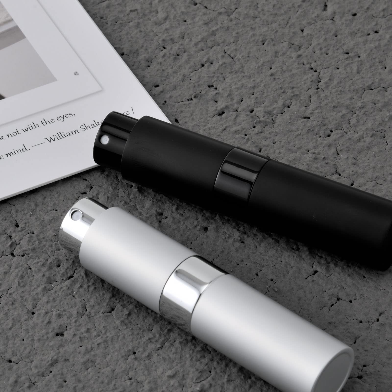 IRON BILL 2 PCS/8ml Portable Mini Perfume Atomizer bottles, Empty Refillable Spray Bottle with 3 Types of Refill Tools, Pocket Travel Perfume Sample Bottles(Matte Black&Silver)
