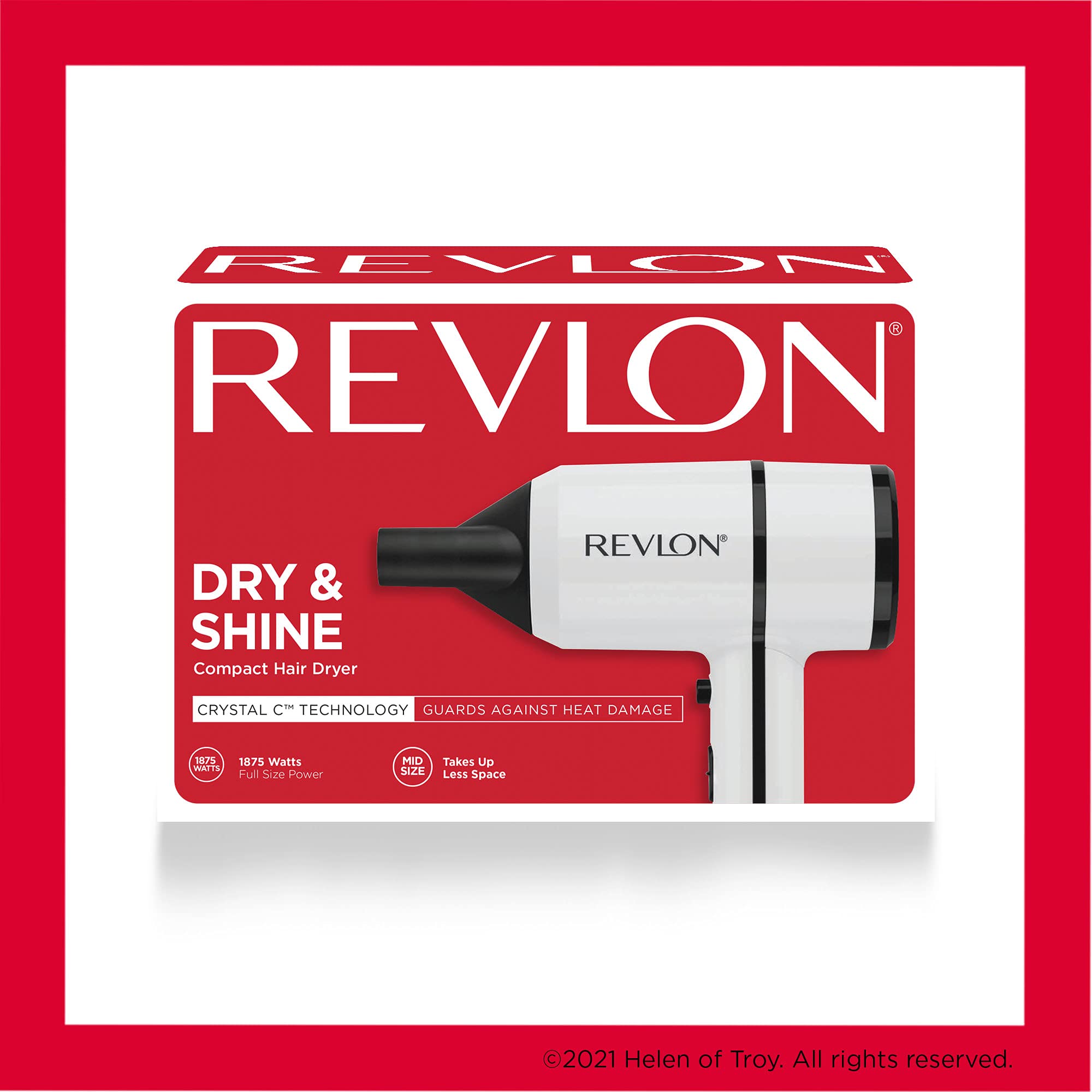 REVLON Crystal C + Ceramic Compact Hair Dryer | 1875W Blow Dryer with Crystal C Technology for Shiny Long-Lasting Shine and Less Frizz | Lightweight (White/Black)