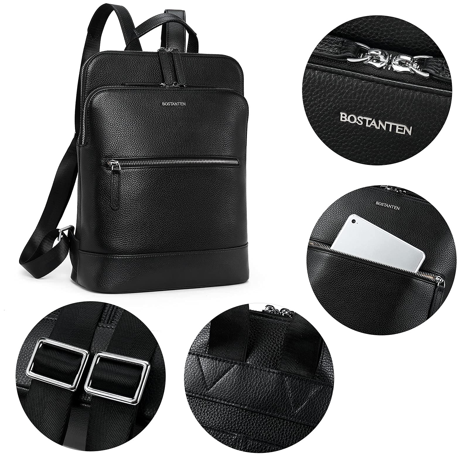 BOSTANTEN Laptop Backpack Purse for Women Genuine Leather Backpack Travel Bag and Womens Wallet Genuine Leather Large Capacity Wristlet Clutch Purse Credit Card Holder with RFID Blocking Black