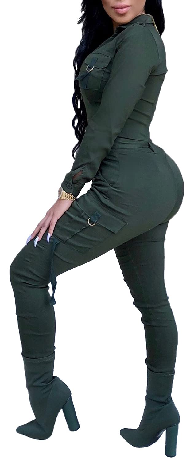 PerZeal Sexy V Neck Jumpsuits for Women Bodycon Elegant Long Sleeve Long Pants One Piece Jumpsuit Romper With Belt Pocket Zipper X-Large