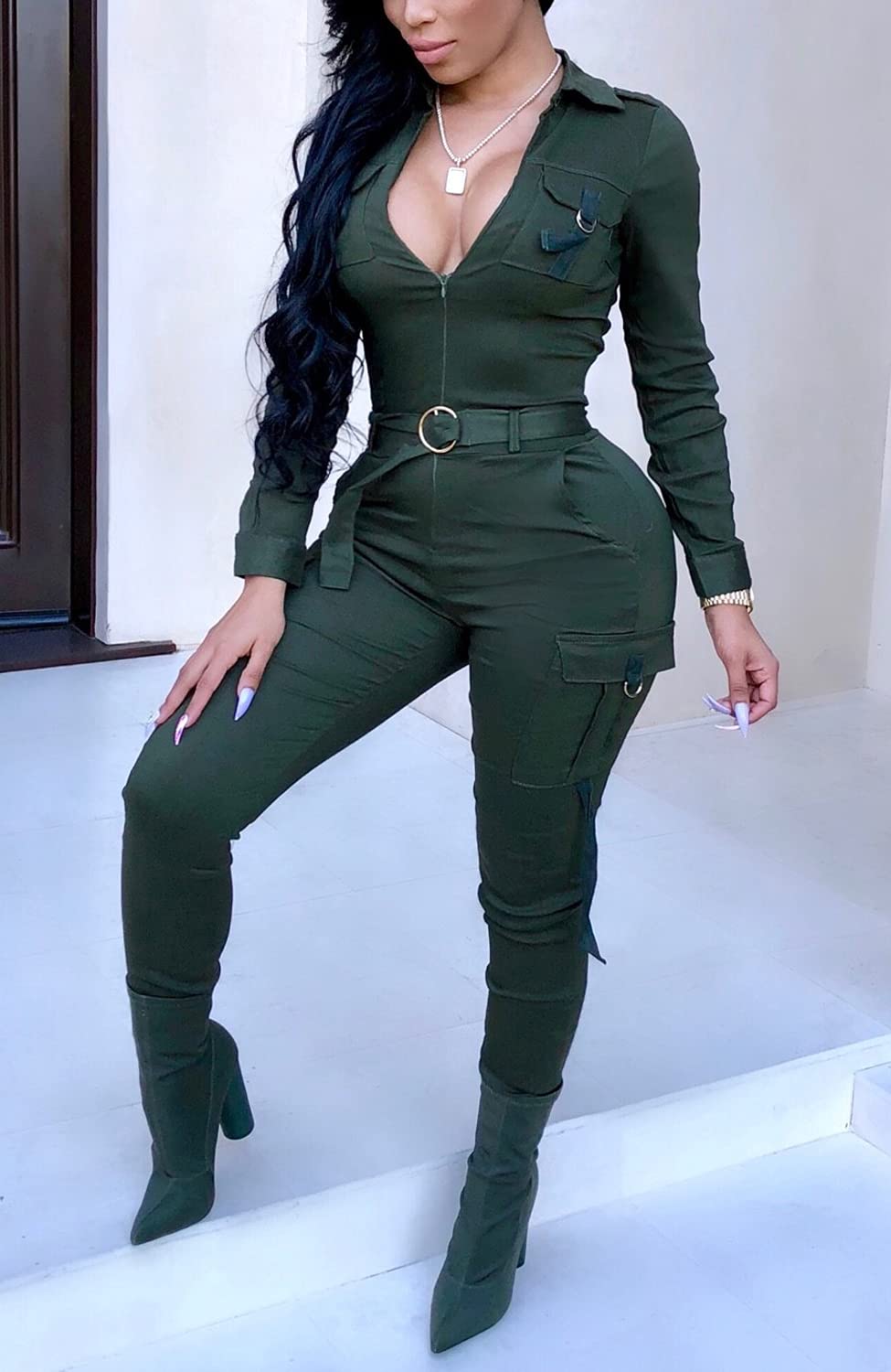 PerZeal Sexy V Neck Jumpsuits for Women Bodycon Elegant Long Sleeve Long Pants One Piece Jumpsuit Romper With Belt Pocket Zipper X-Large
