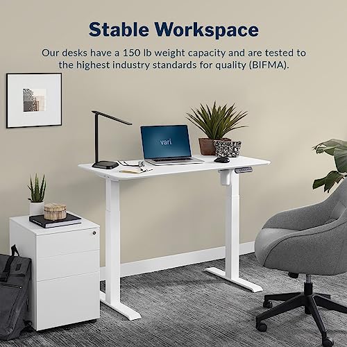 Vari Essential Height Adjustable Electric Standing Desk - Home Office With VariDesk Sturdy T-Legs - Quiet Motorized 48x24 Inch Small Desk - White - 1 Box