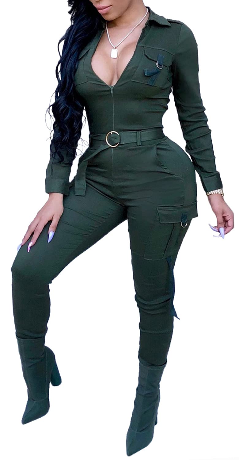 PerZeal Sexy V Neck Jumpsuits for Women Bodycon Elegant Long Sleeve Long Pants One Piece Jumpsuit Romper With Belt Pocket Zipper X-Large