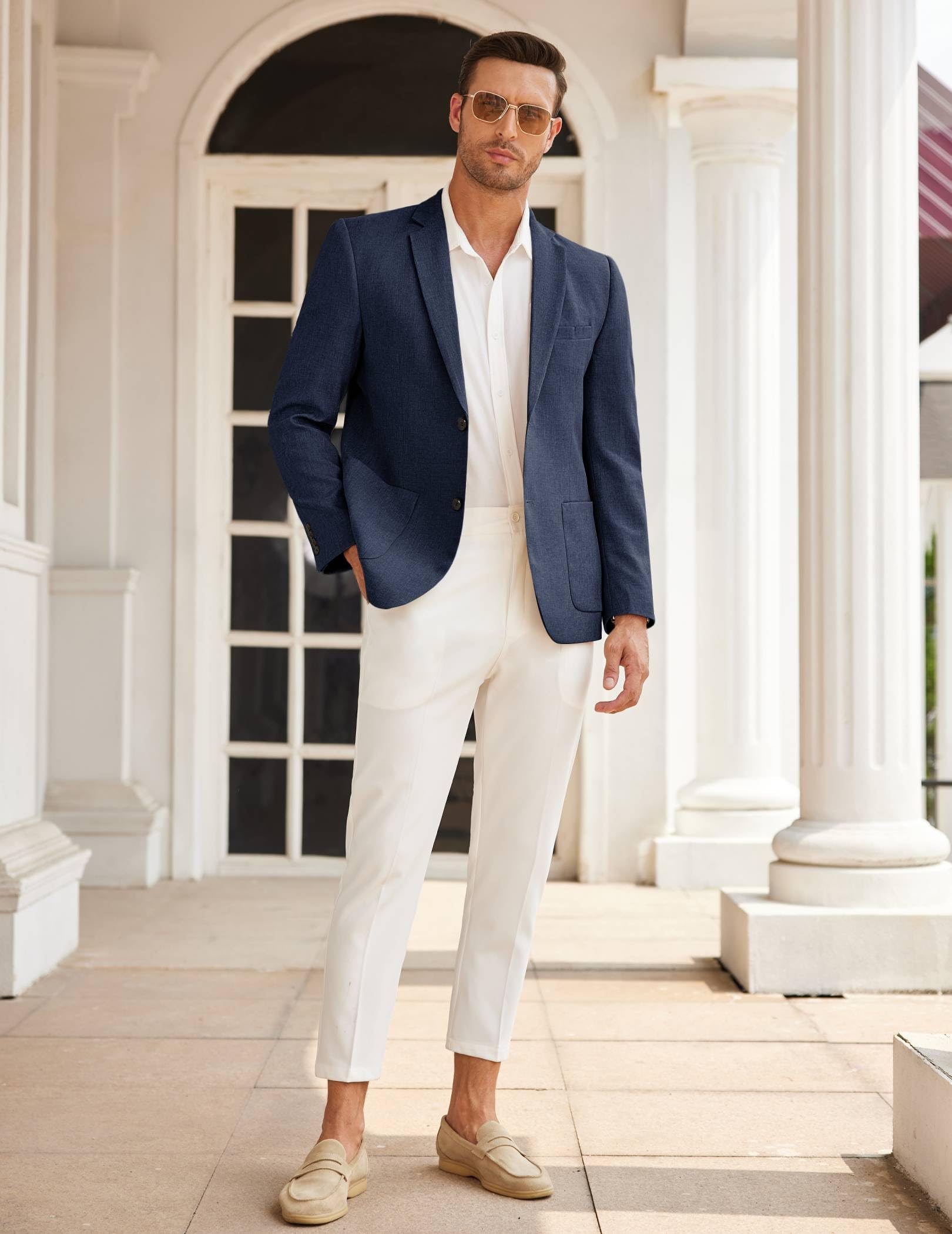 COOFANDY Sacos para Hombre De Vestir Casual Notch Lapel CJacket Linen Slim Fit Sportcoat Navy Blue