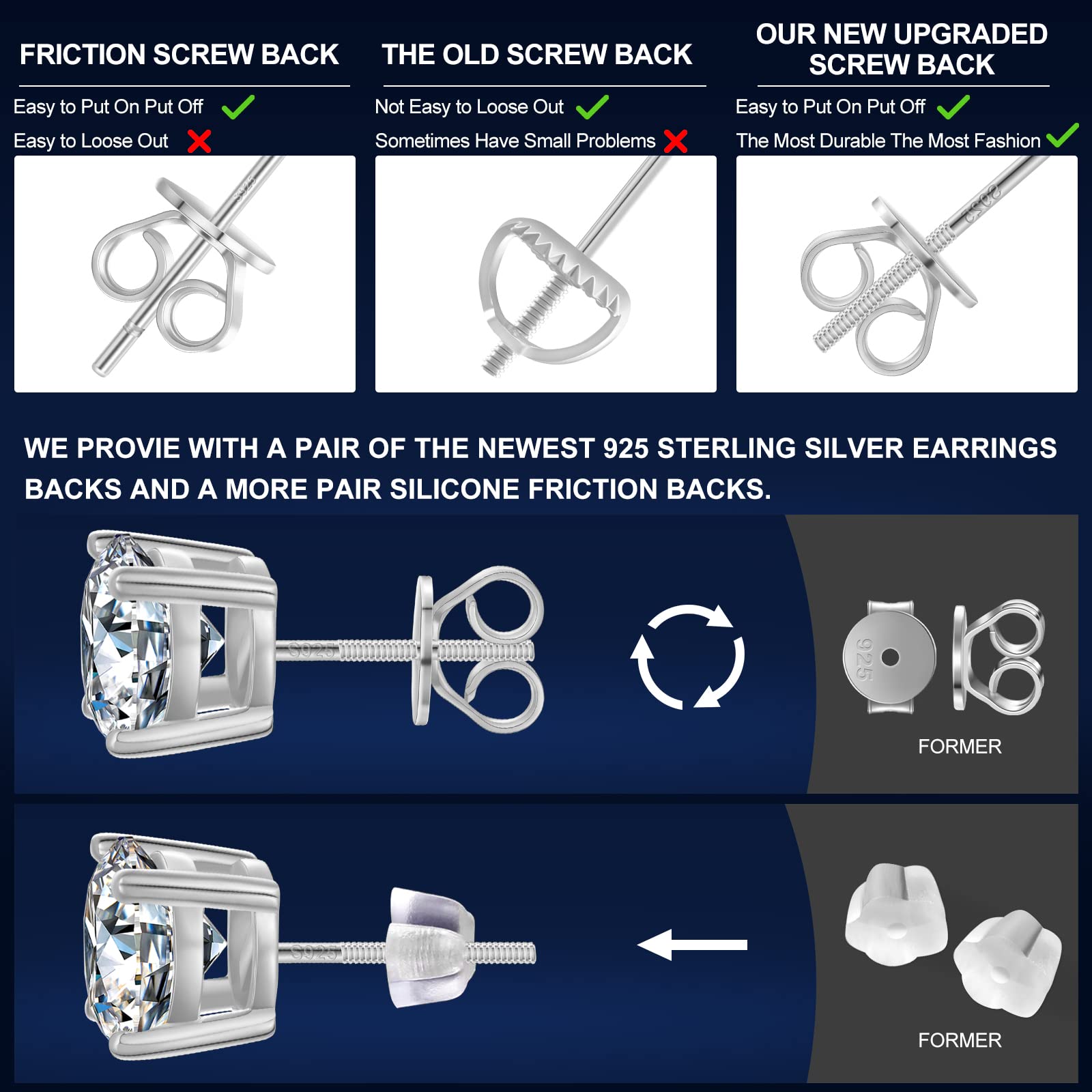 Moissanite Stud Earrings Screw Back 0.2CT 3MM*2 18K White Gold Plated S925 Sterling Silver Round Cut D Color VVS1 Clarity Lab Created Moissanite Diamond Earrings for Women Men