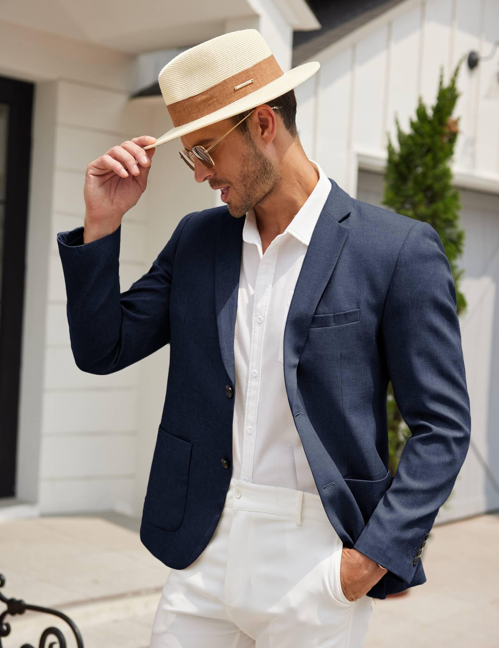 COOFANDY Sacos para Hombre De Vestir Casual Notch Lapel CJacket Linen Slim Fit Sportcoat Navy Blue