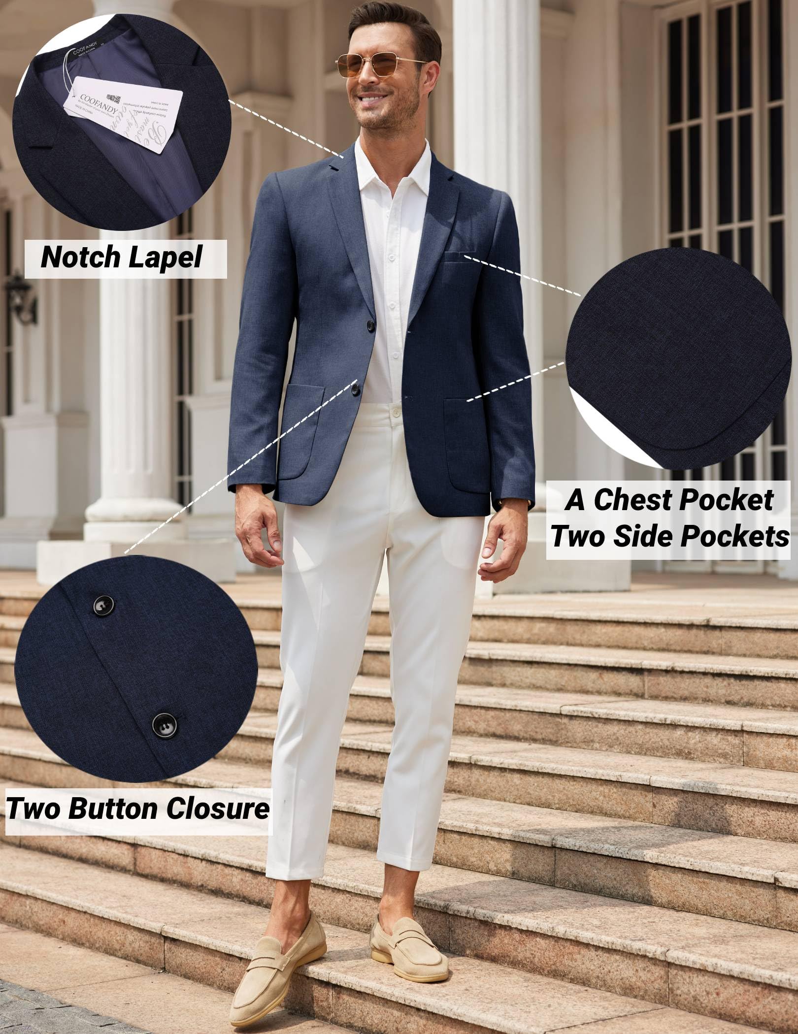 COOFANDY Sacos para Hombre De Vestir Casual Notch Lapel CJacket Linen Slim Fit Sportcoat Navy Blue