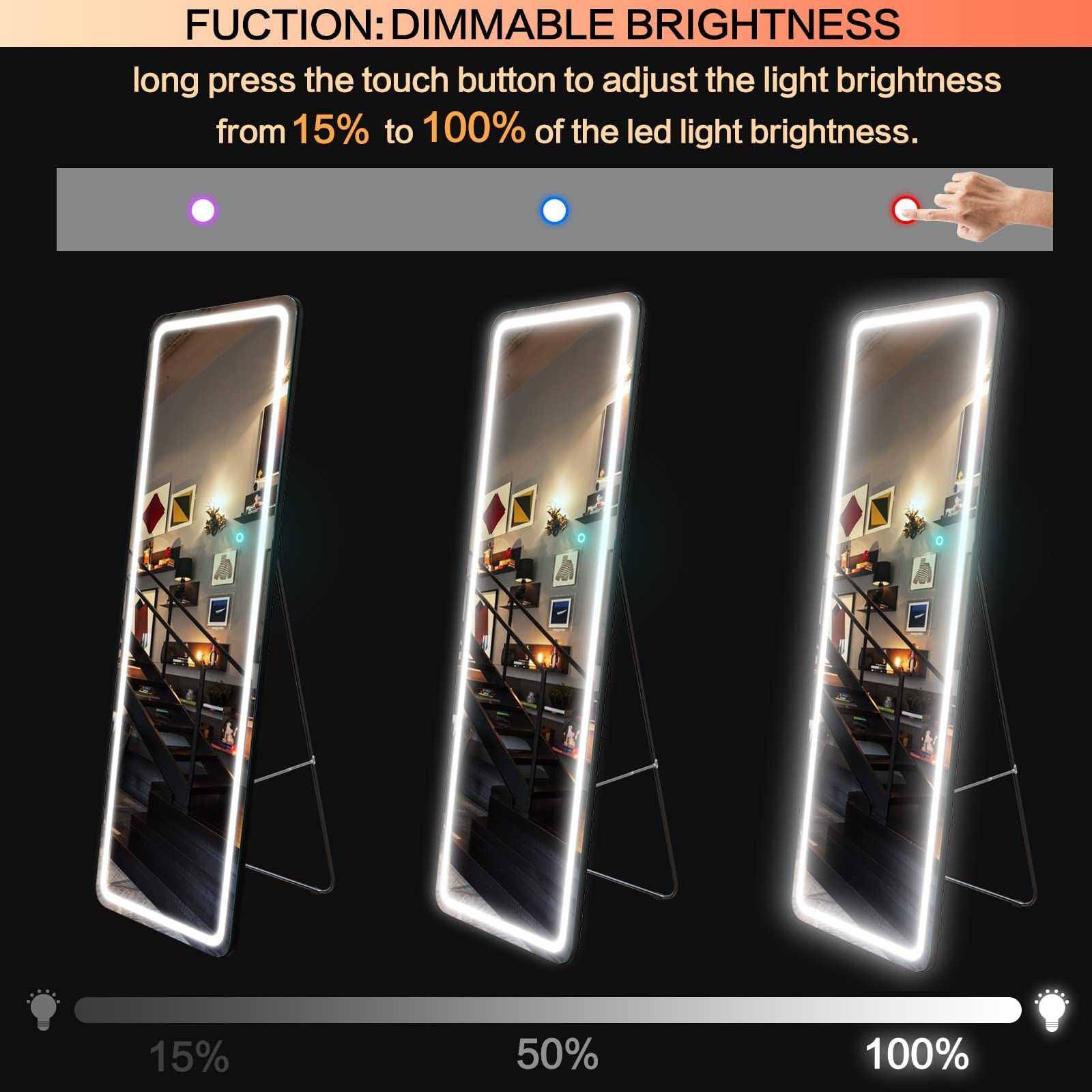 LVZORY 63"x20" Full Length Floor Mirror Dimming Lights Bedroom Tall Full-Size Body Lighted Mirror, Free Standing Wall Mounted Hanging Dressing Touch Control Black(20")