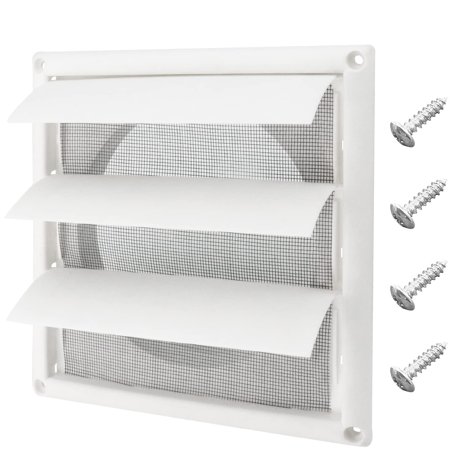 Blutoget 6" Louvered exhaust Vent Cover 8" x 8" Oversize dryer outlet cover for Exterior Wall Vent Hood Outlet Airflow - 6 Inch Vent Cover Exterior with 4 Vent Screen Screw (White)
