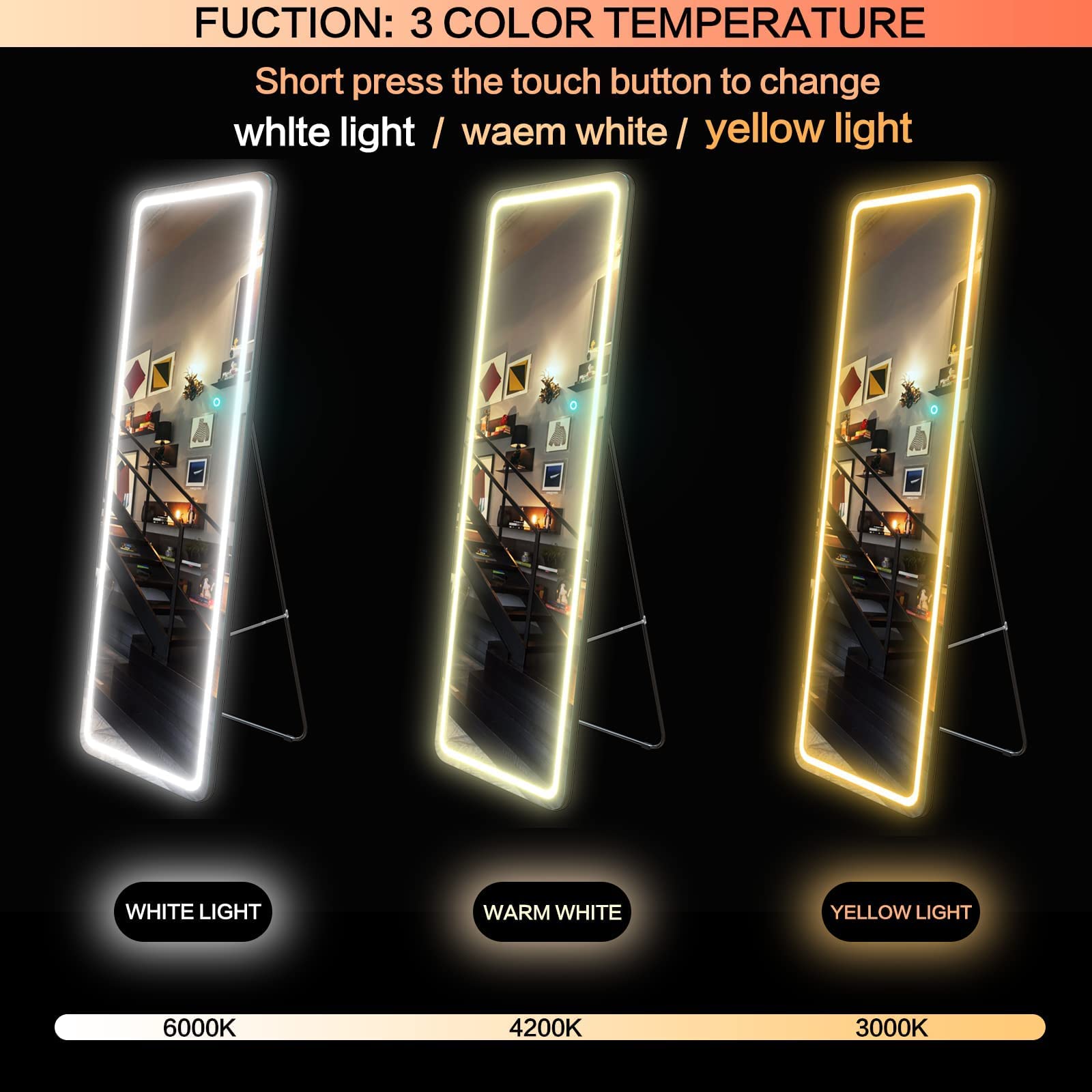 LVZORY 63"x20" Full Length Floor Mirror Dimming Lights Bedroom Tall Full-Size Body Lighted Mirror, Free Standing Wall Mounted Hanging Dressing Touch Control Black(20")