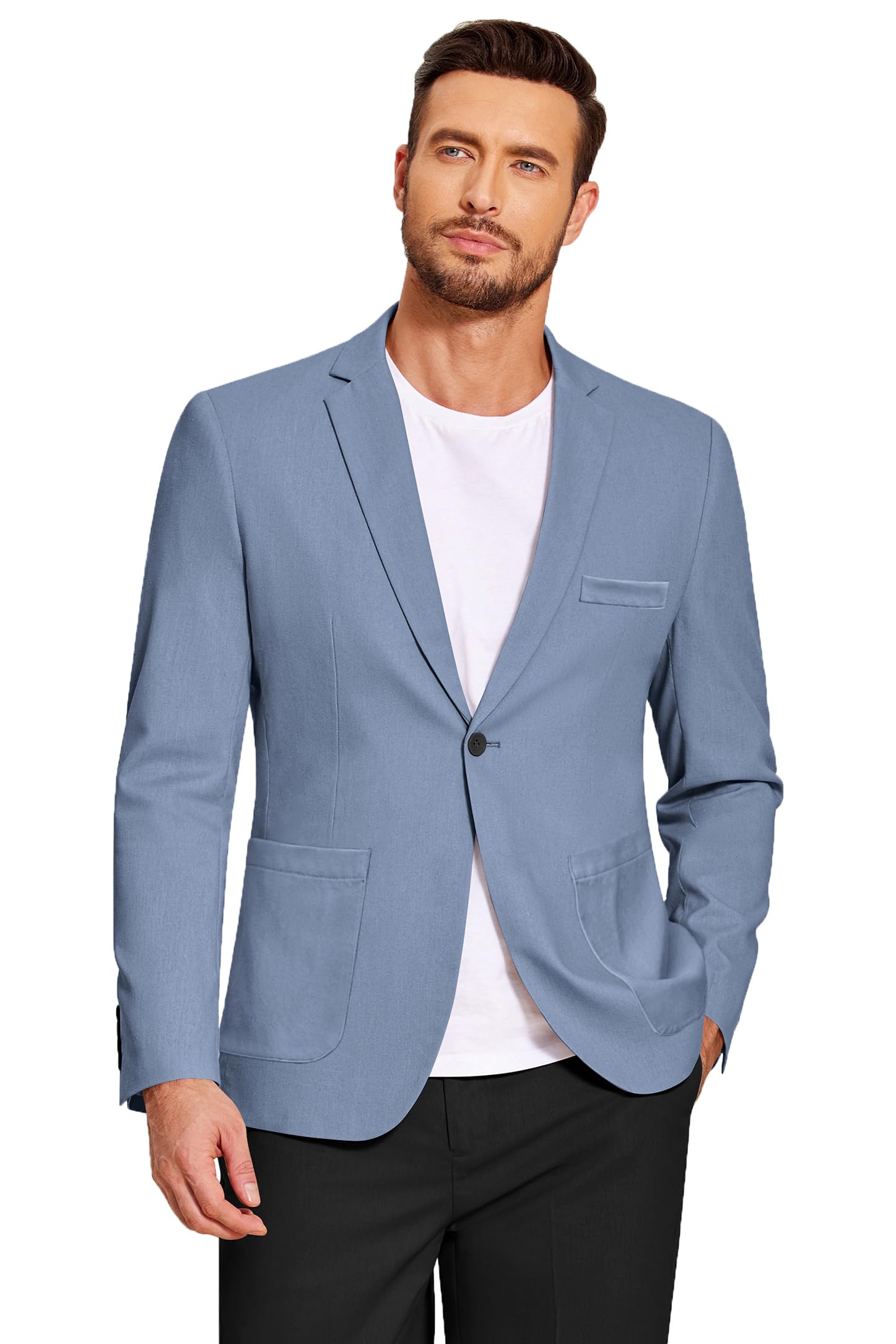 COOFANDY Men's Casual Linen Blazer Lightweight Regular Fit One Button Sport Coat Wedding Suit Jacket Denim Blue