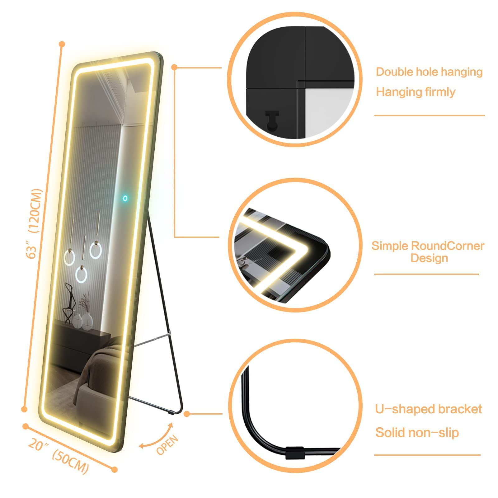 LVZORY 63"x20" Full Length Floor Mirror Dimming Lights Bedroom Tall Full-Size Body Lighted Mirror, Free Standing Wall Mounted Hanging Dressing Touch Control Black(20")