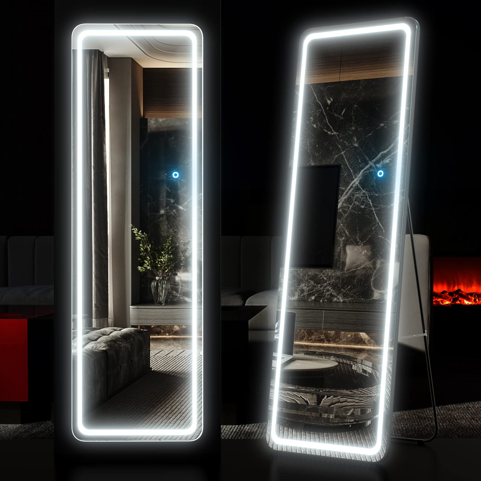 LVZORY 63"x20" Full Length Floor Mirror Dimming Lights Bedroom Tall Full-Size Body Lighted Mirror, Free Standing Wall Mounted Hanging Dressing Touch Control Black(20")