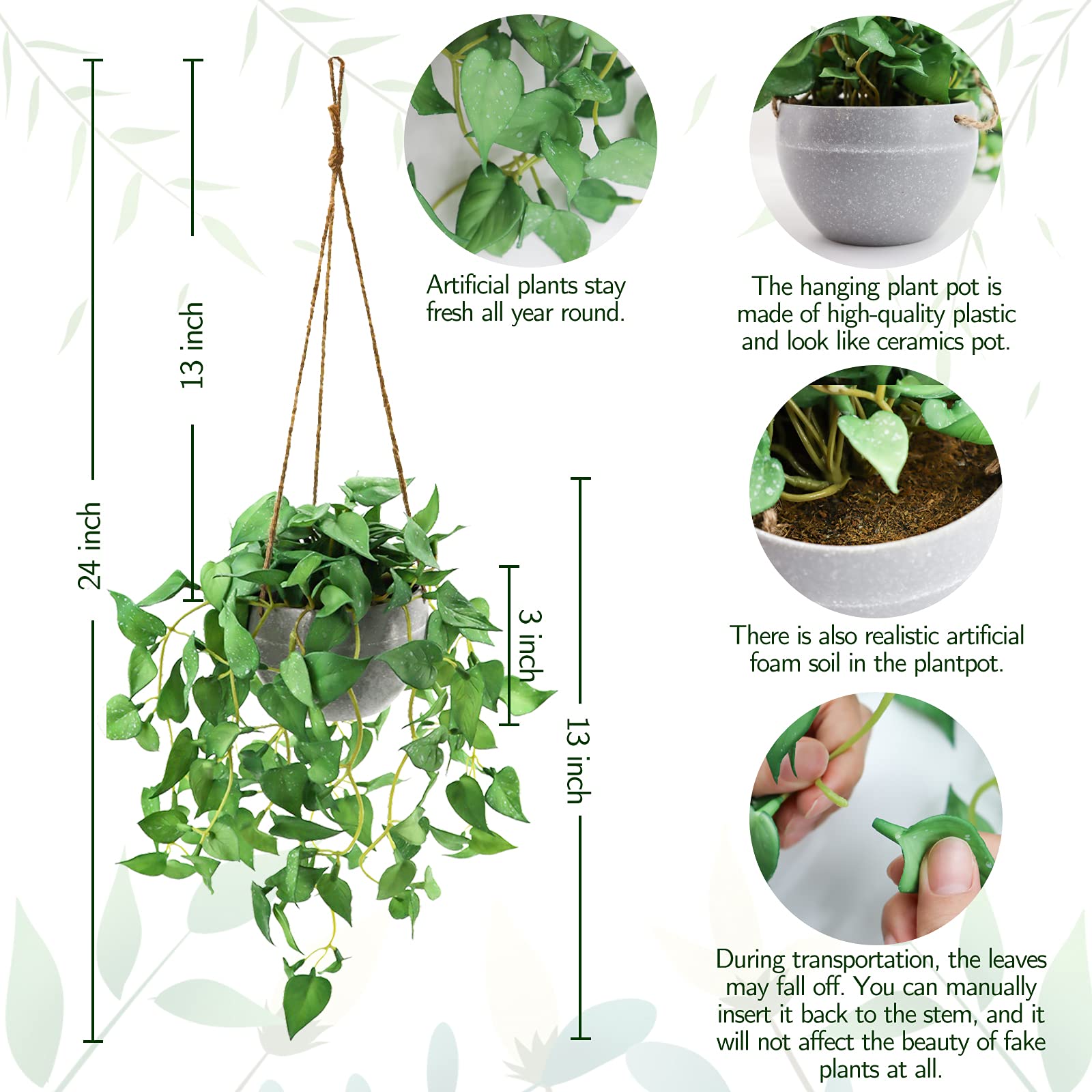 TNNTOPELE Fake Hanging Plants with Pots, 2 Pack Artificial Faux Anthurium Leaf Hanging Basket Plant for Wall Home Room Indoor Outdoor Decor