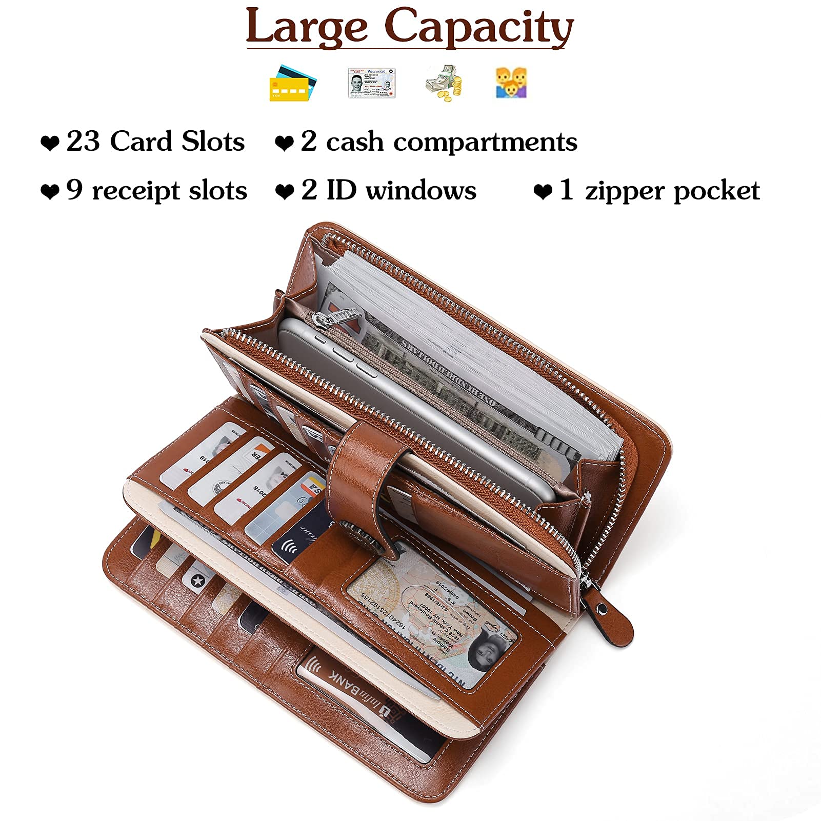 BOSTANTEN Laptop Backpack Purse for Women Genuine Leather Backpack Travel Bag and Womens Wallet Genuine Leather Large Capacity Wristlet Clutch Purse Credit Card Holder with RFID Blocking Beige-Brown
