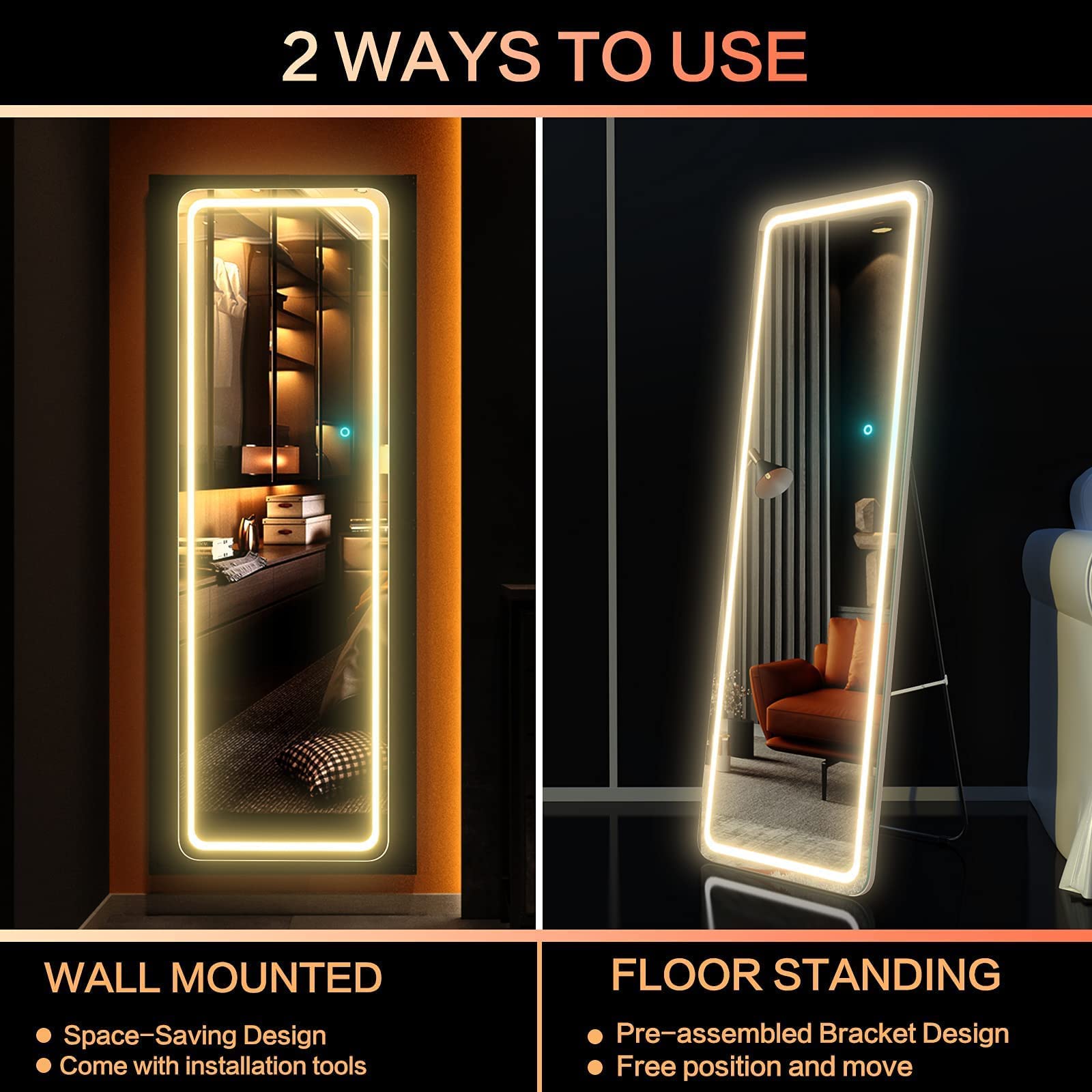 LVZORY 63"x20" Full Length Floor Mirror Dimming Lights Bedroom Tall Full-Size Body Lighted Free Standing Wall Mounted Hanging Dressing Mirror Touch Control (White 20"),