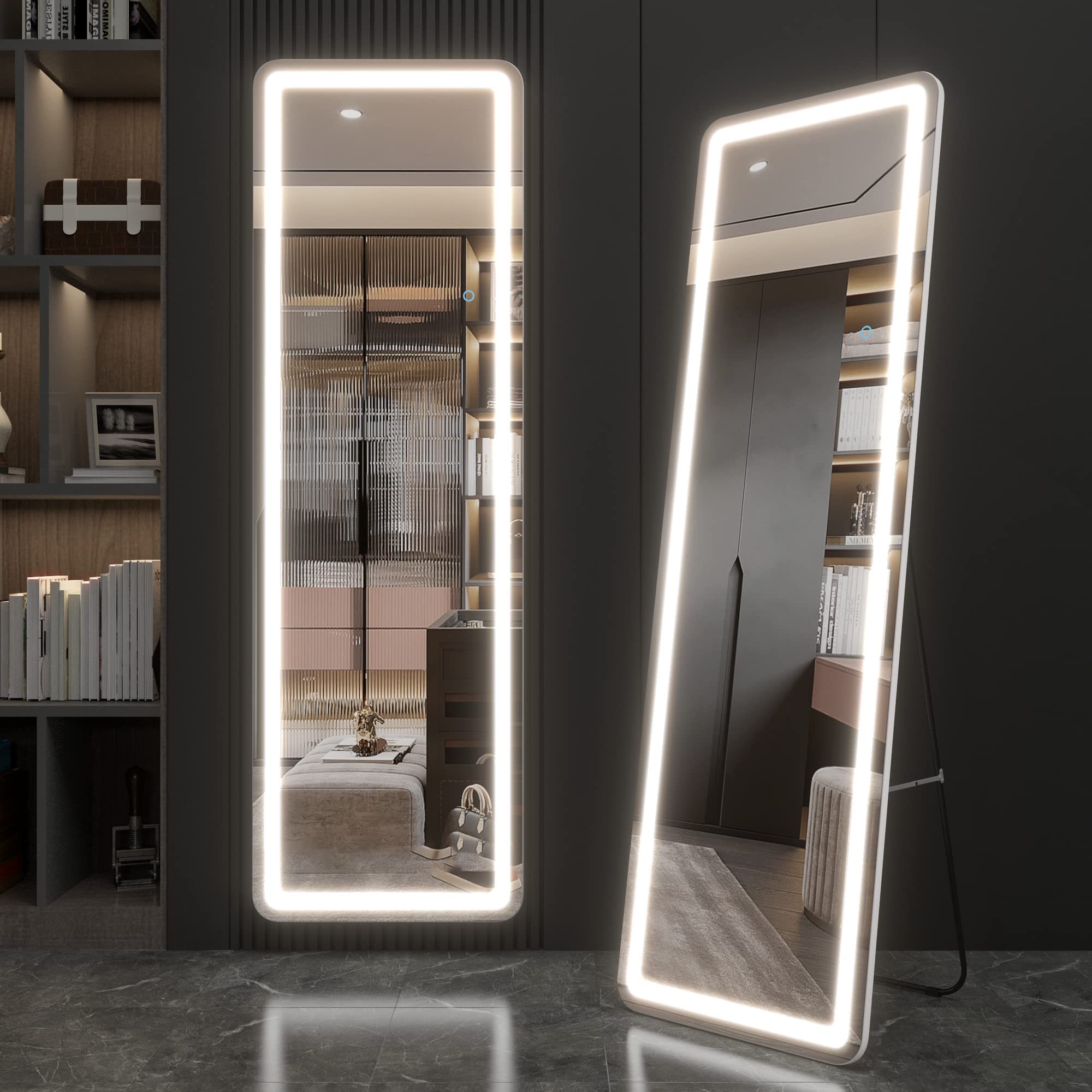 LVZORY 63"x20" Full Length Floor Mirror Dimming Lights Bedroom Tall Full-Size Body Lighted Free Standing Wall Mounted Hanging Dressing Mirror Touch Control (White 20"),