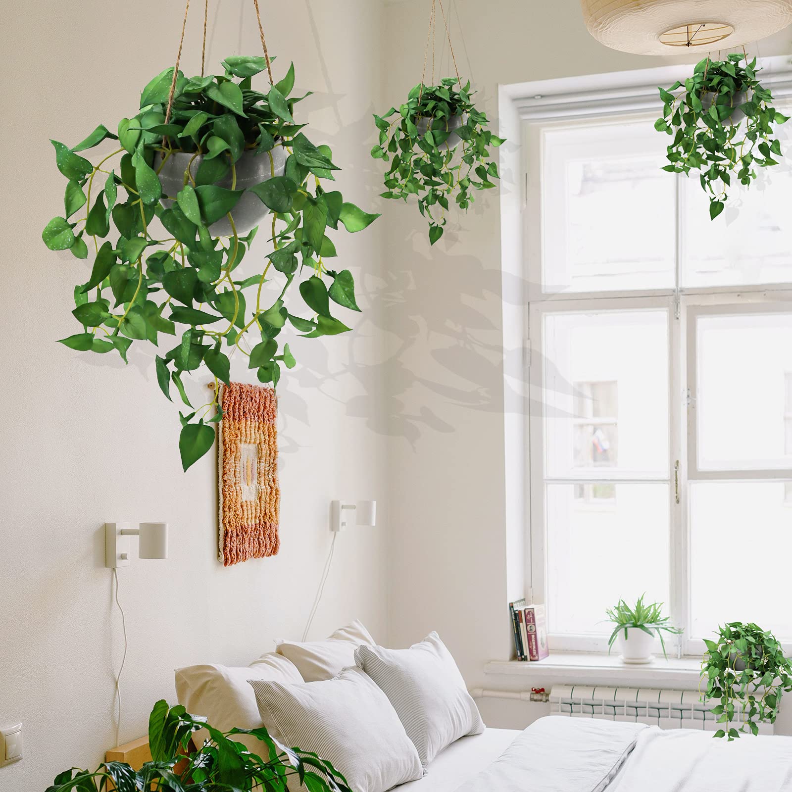 TNNTOPELE Fake Hanging Plants with Pots, 2 Pack Artificial Faux Anthurium Leaf Hanging Basket Plant for Wall Home Room Indoor Outdoor Decor
