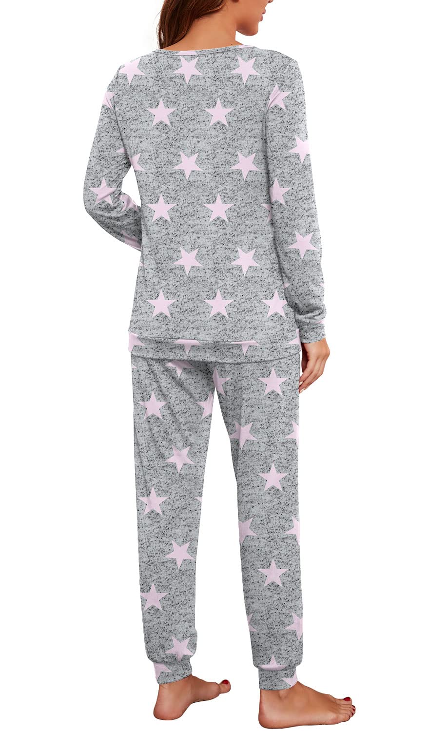 PrinStory Womens Pajama Set Long Sleeve Sleepwear Nightwear Soft Pjs Lounge Sets With Pockets FP-Pink Star-Large