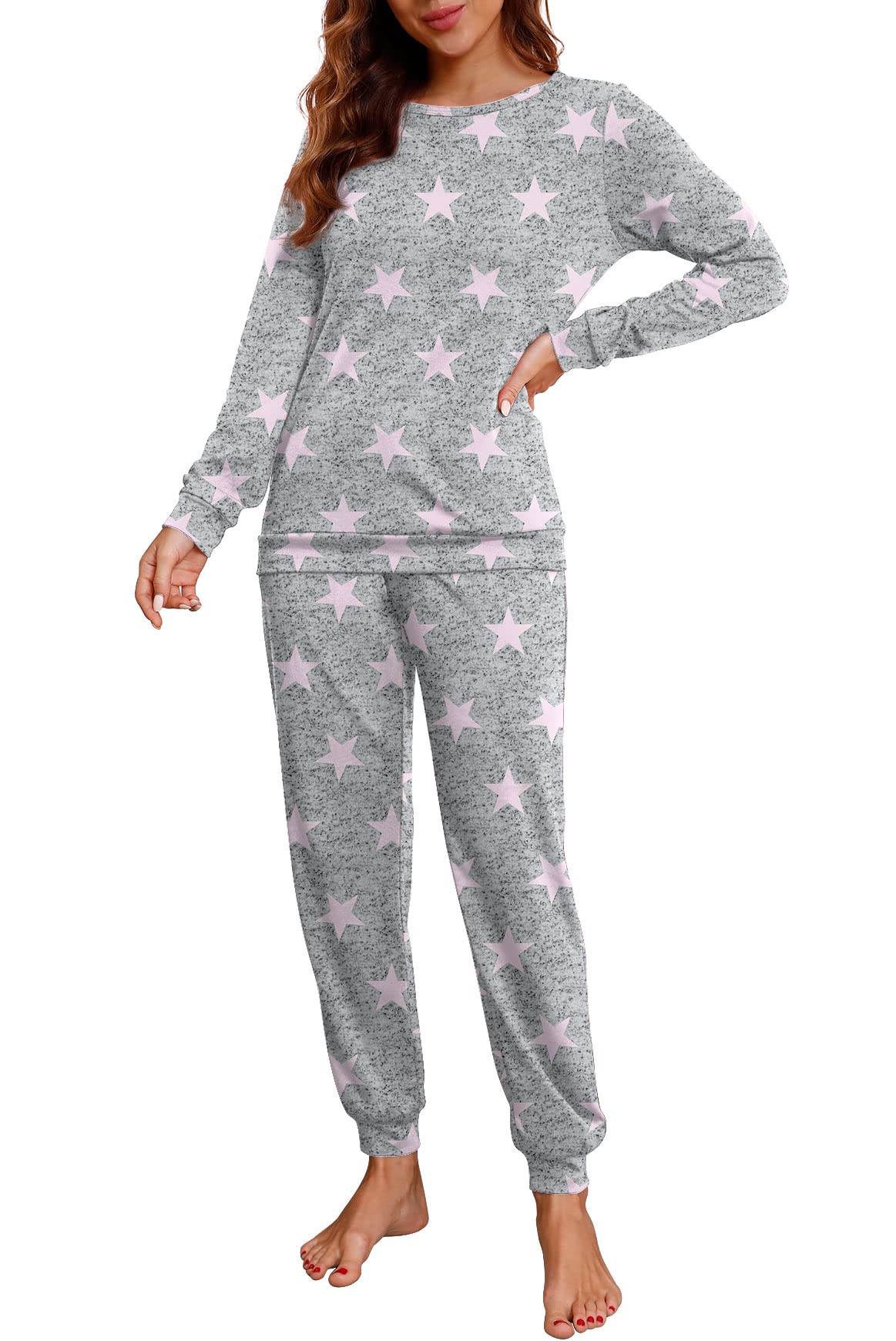 PrinStory Womens Pajama Set Long Sleeve Sleepwear Nightwear Soft Pjs Lounge Sets With Pockets FP-Pink Star-Large