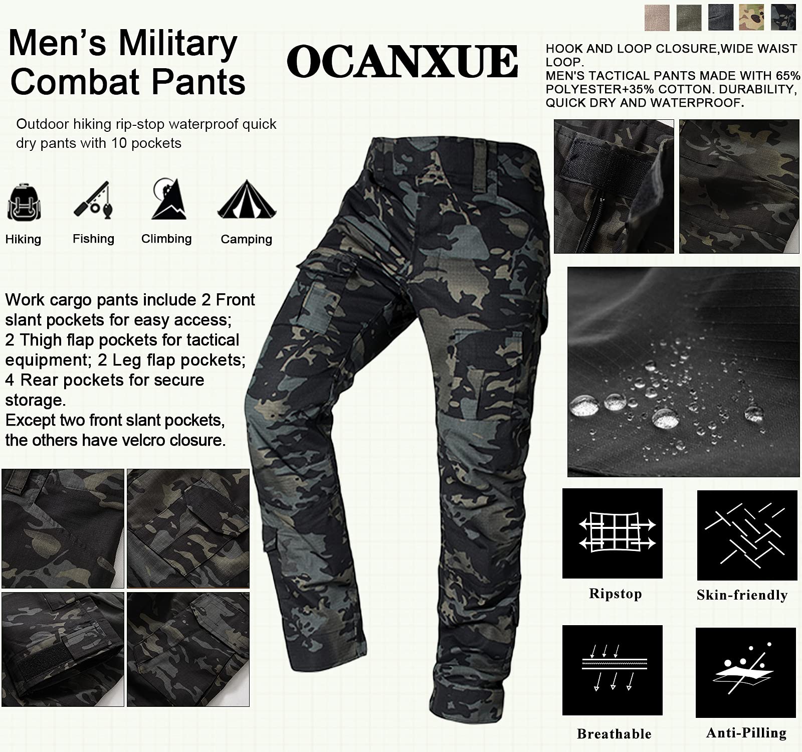 OCANXUE Men's Tactical Pants Camo Cargo Pants Ripstop Work Hiking Pants with 10 Pockets No Belt Size 38