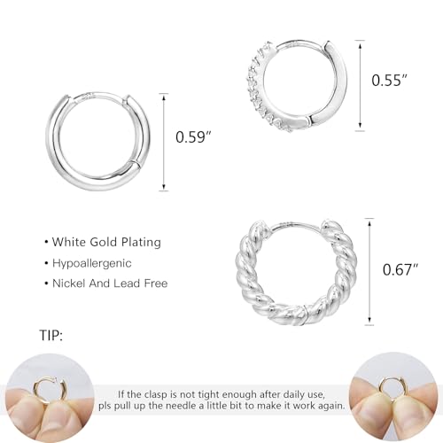 3 Pairs Small Huggie Hoop Earrings Set White Gold Hypoallergenic Silver Huggie Hoops Earrings for Women