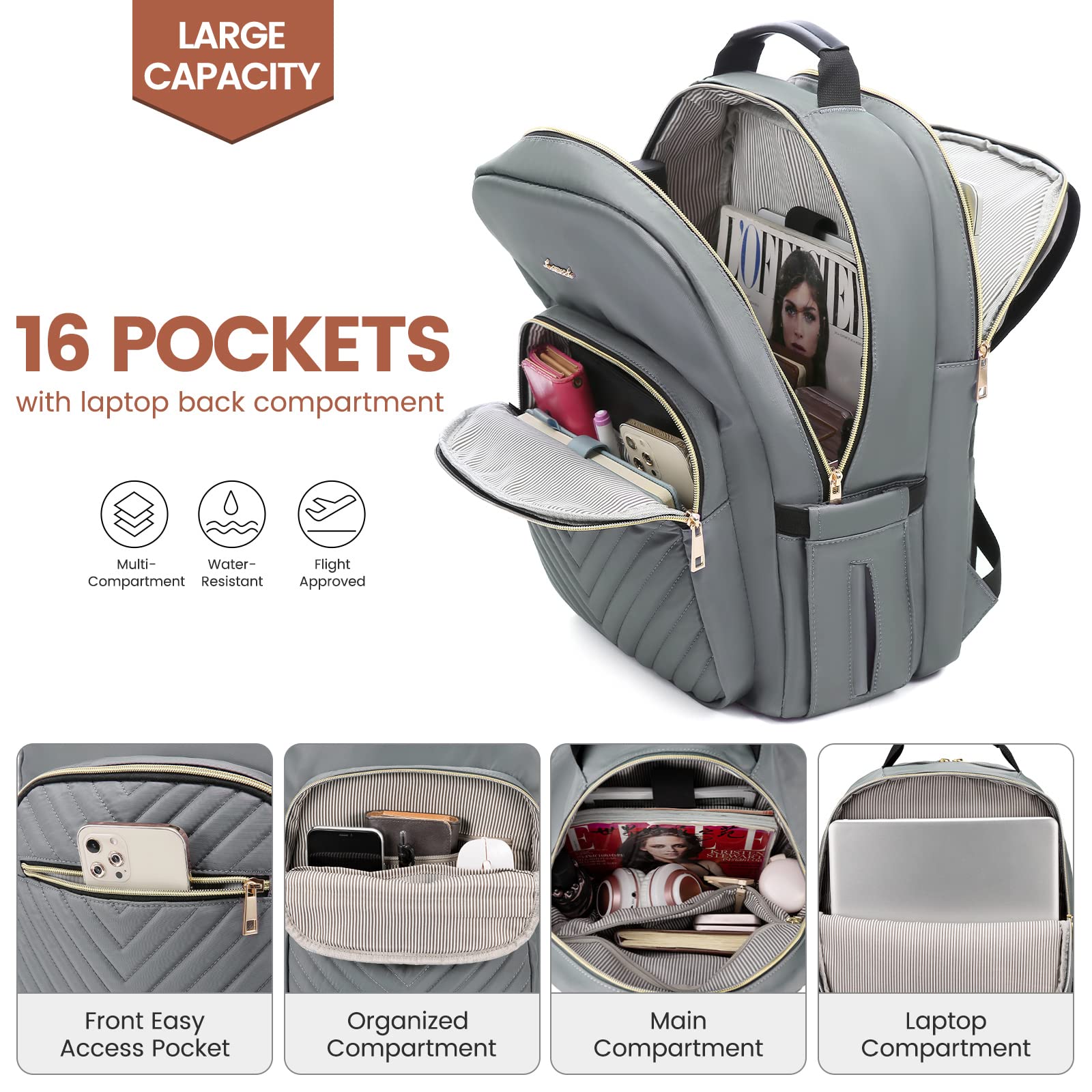 LOVEVOOK Laptop Backpack for Women 15.6 inch, Travel Backpack Purse,Professional Laptop Computer Bag,Waterproof Work Business College Teacher Bags Carry on Backpack with USB Port,Grey